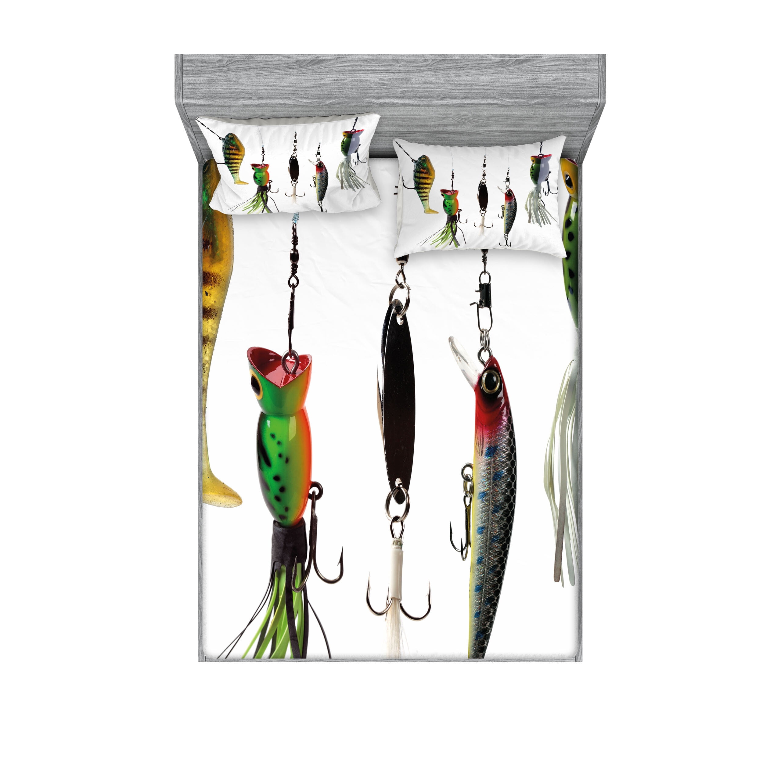 Ambesonne Fish Fitted Sheet & Pillow Sham Set, Fishing Baits Hobby ...