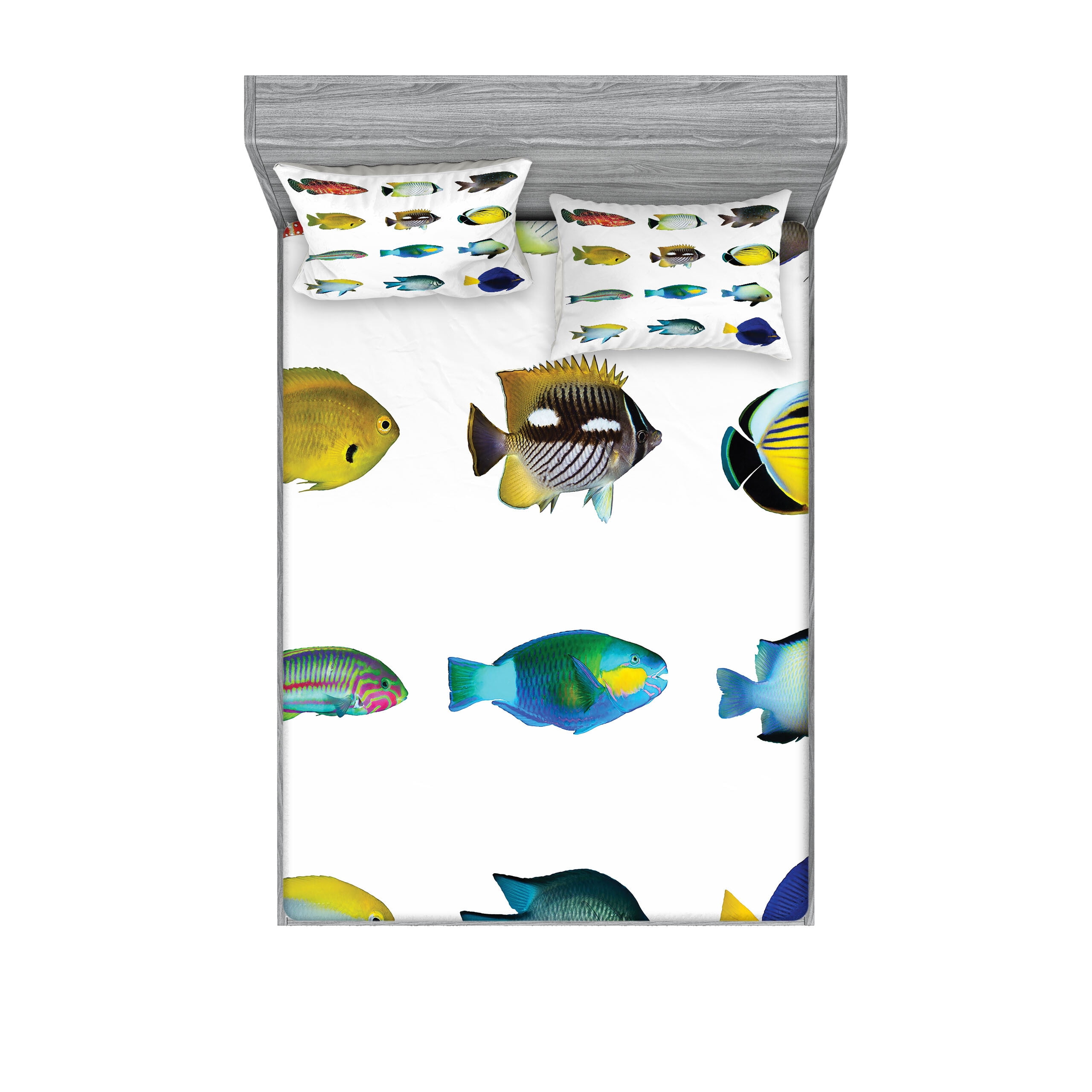 Ambesonne Fish Fitted Sheet & Pillow Sham Set, Sea Creatures Nautical ...