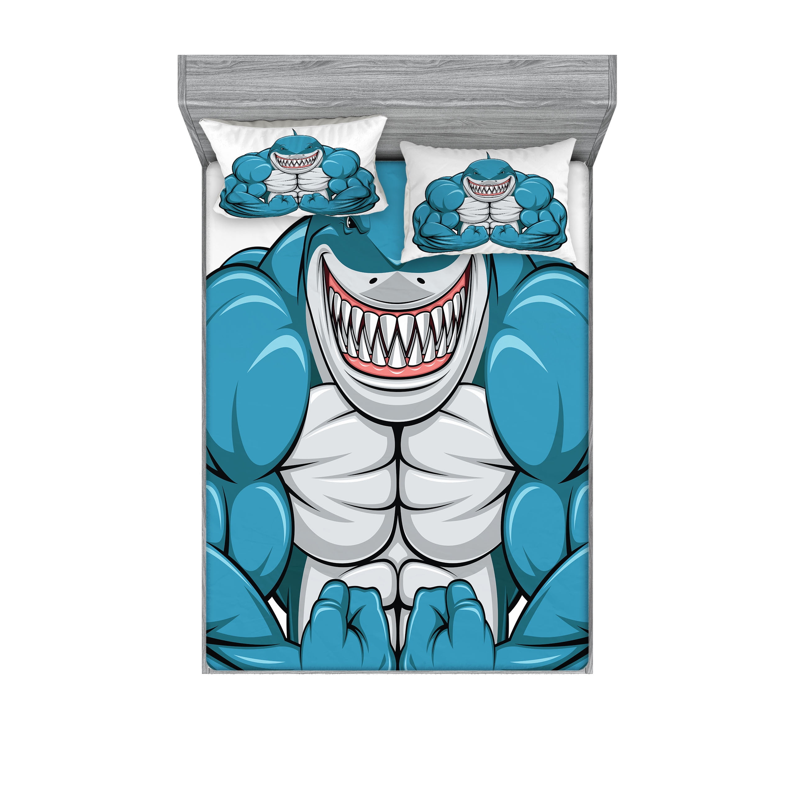 Ambesonne Fish Fitted Sheet & Pillow Sham Set, Toothy White Shark ...