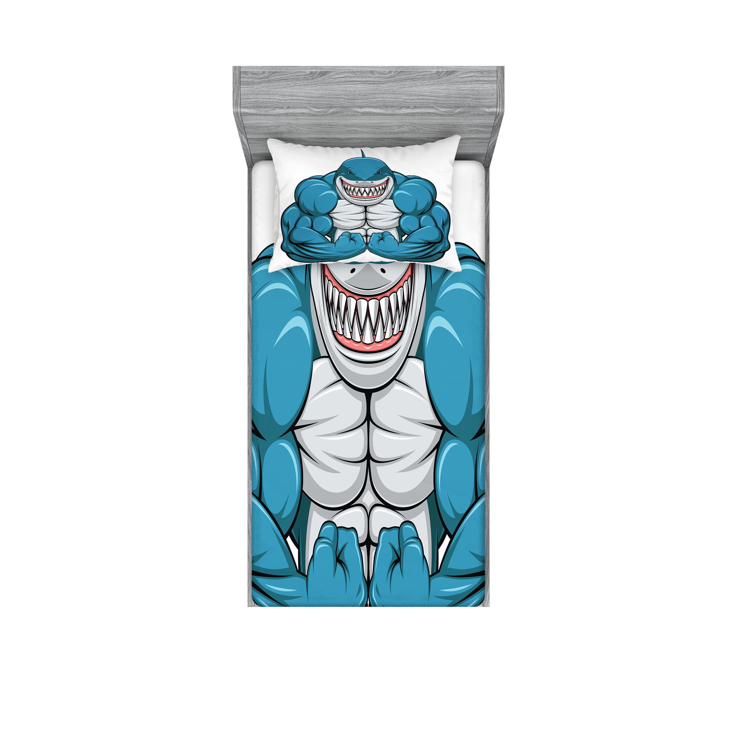 Ambesonne Fish Fitted Sheet & Pillow Sham Set, Toothy White Shark ...