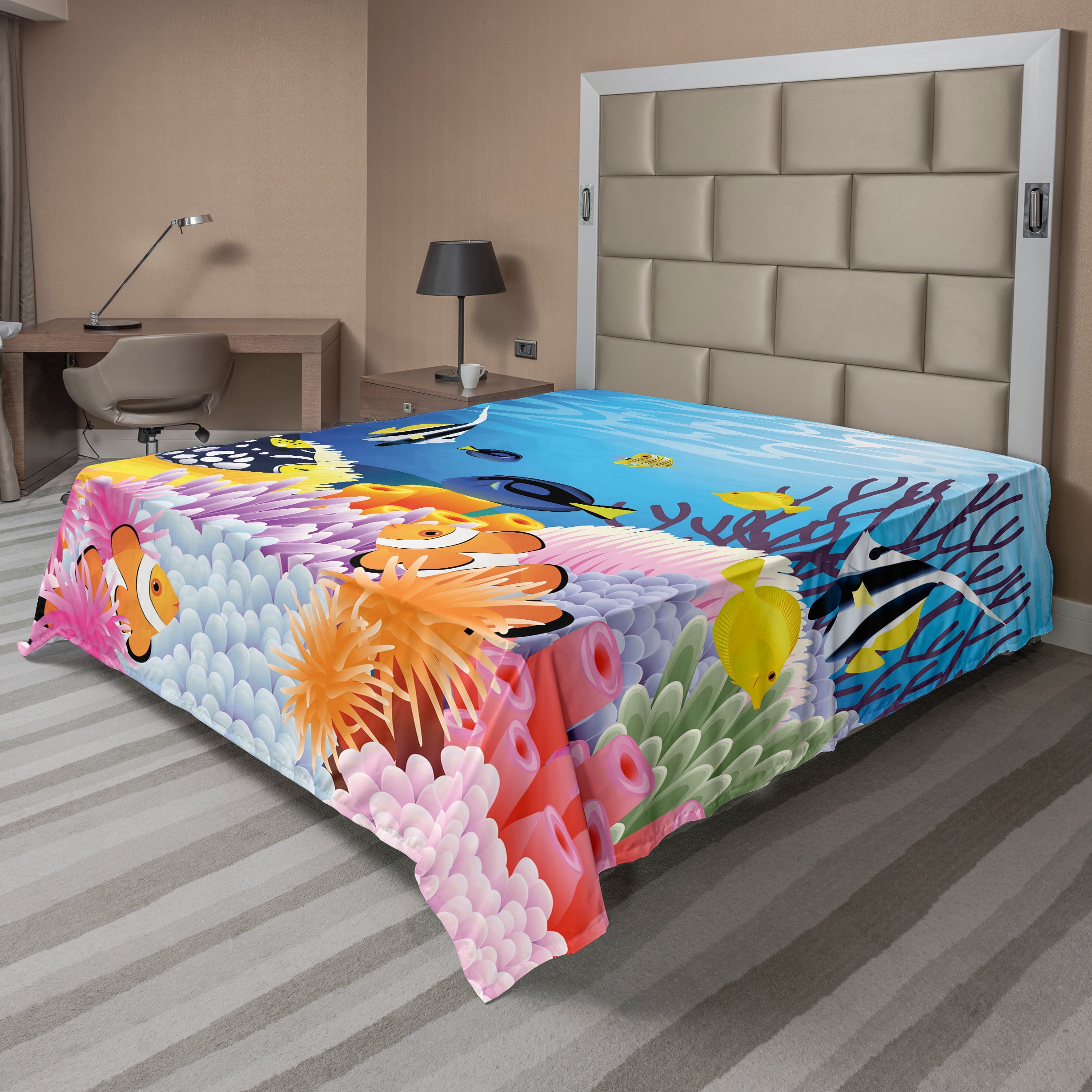 Ambesonne Fish Flat Sheet, Fish Coral Reefs, King Size, Multicolor ...