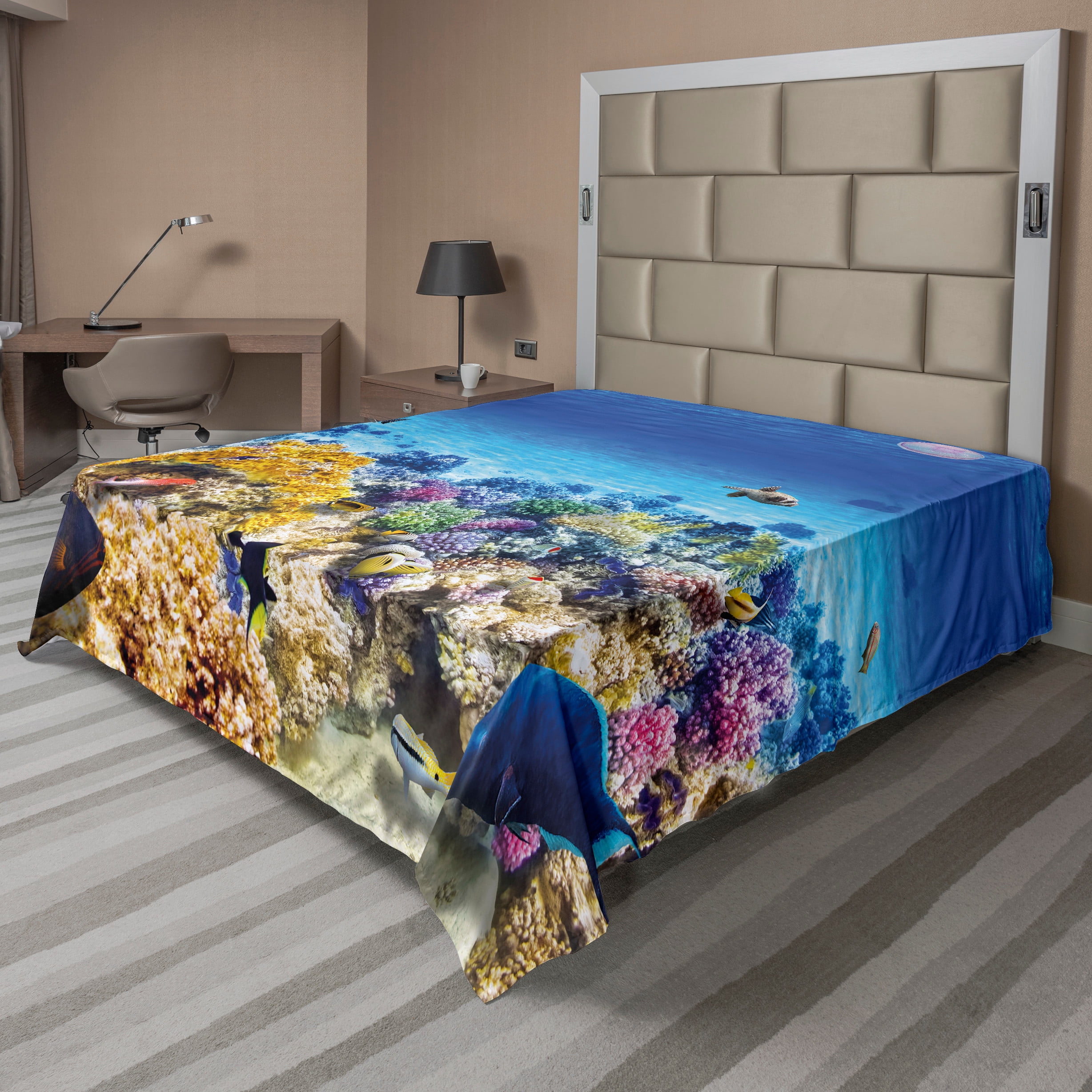 Ambesonne Fish Flat Sheet, Ocean Corals Goldfish, Queen Size, Turquoise ...