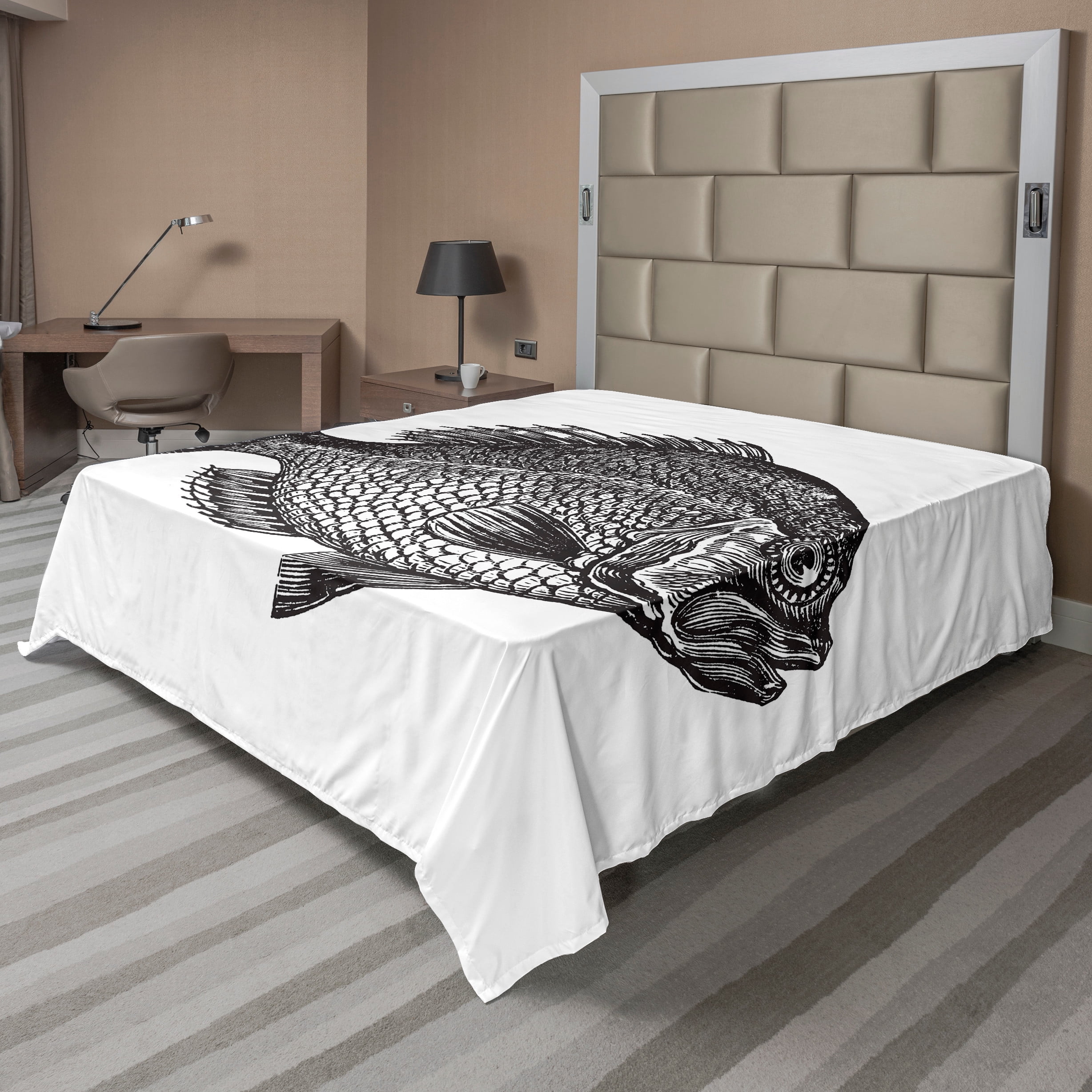 Ambesonne Fish Flat Sheet, Rock Bass Black and White, Queen Size, Black ...
