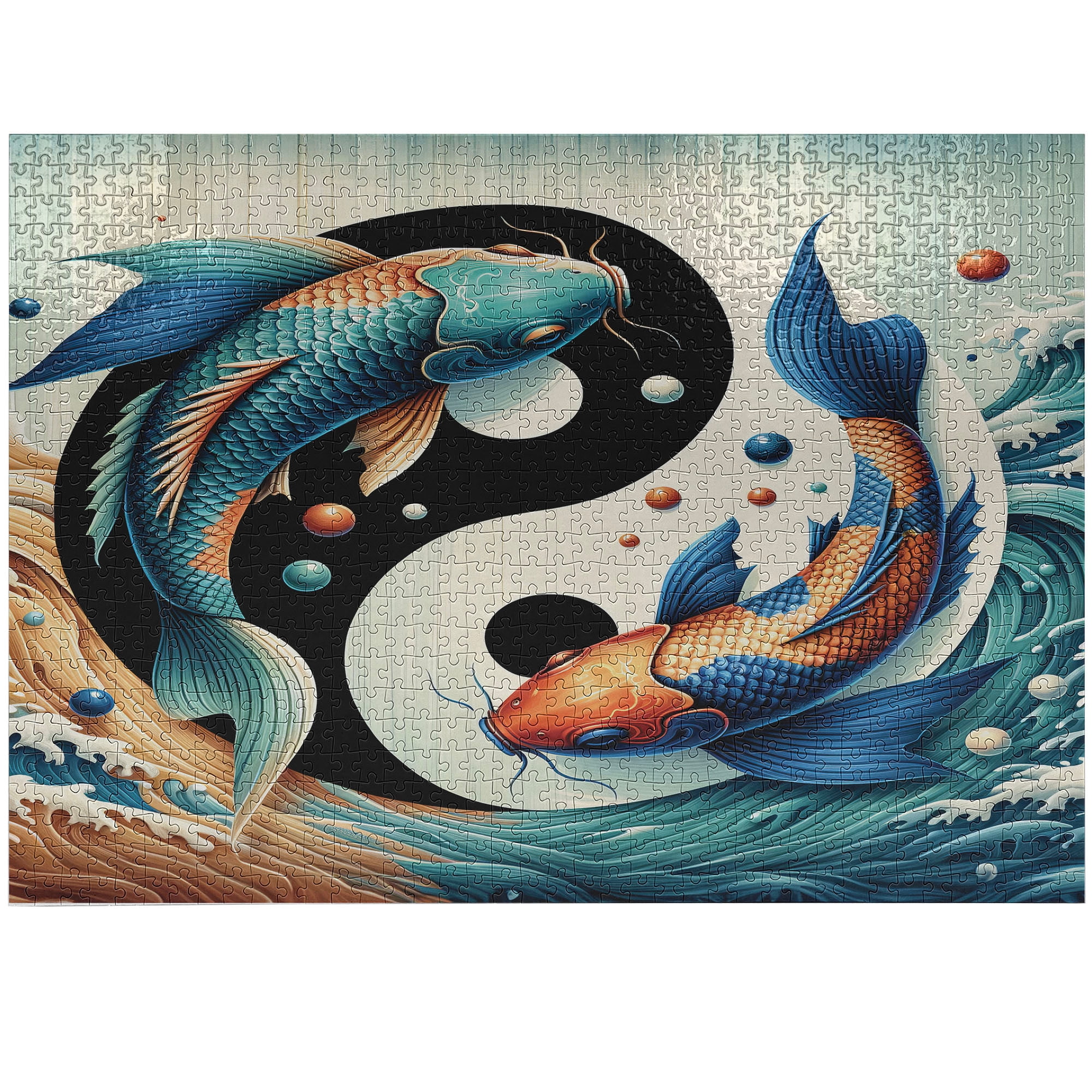 Ambesonne Fish Jigsaw Puzzle, Koi on Yin Yang Symbol Waves, Heirloom ...
