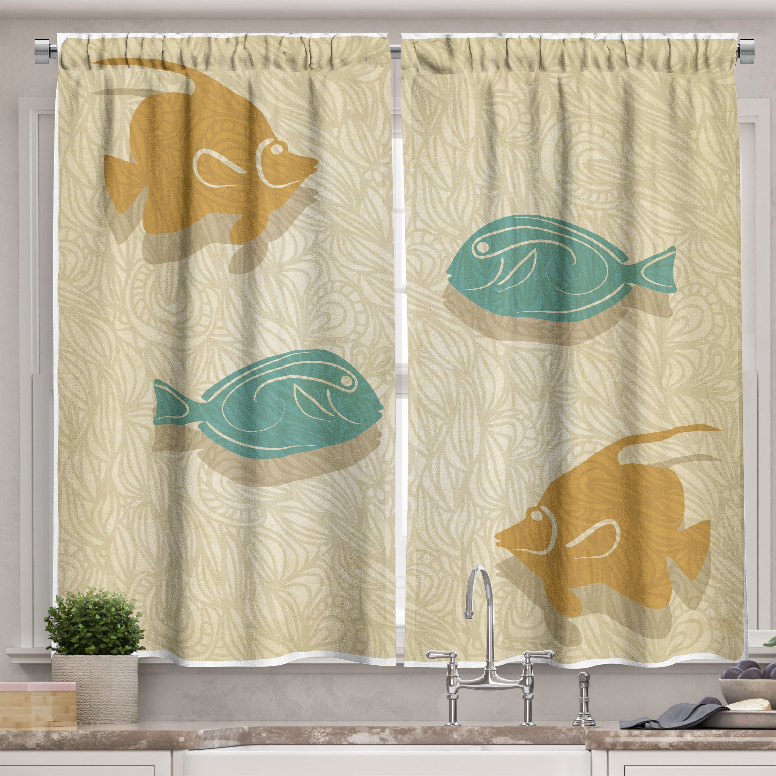Ambesonne Fish Kitchen Curtains, Aquarium Ocean Waves, 55"x45", Sand ...