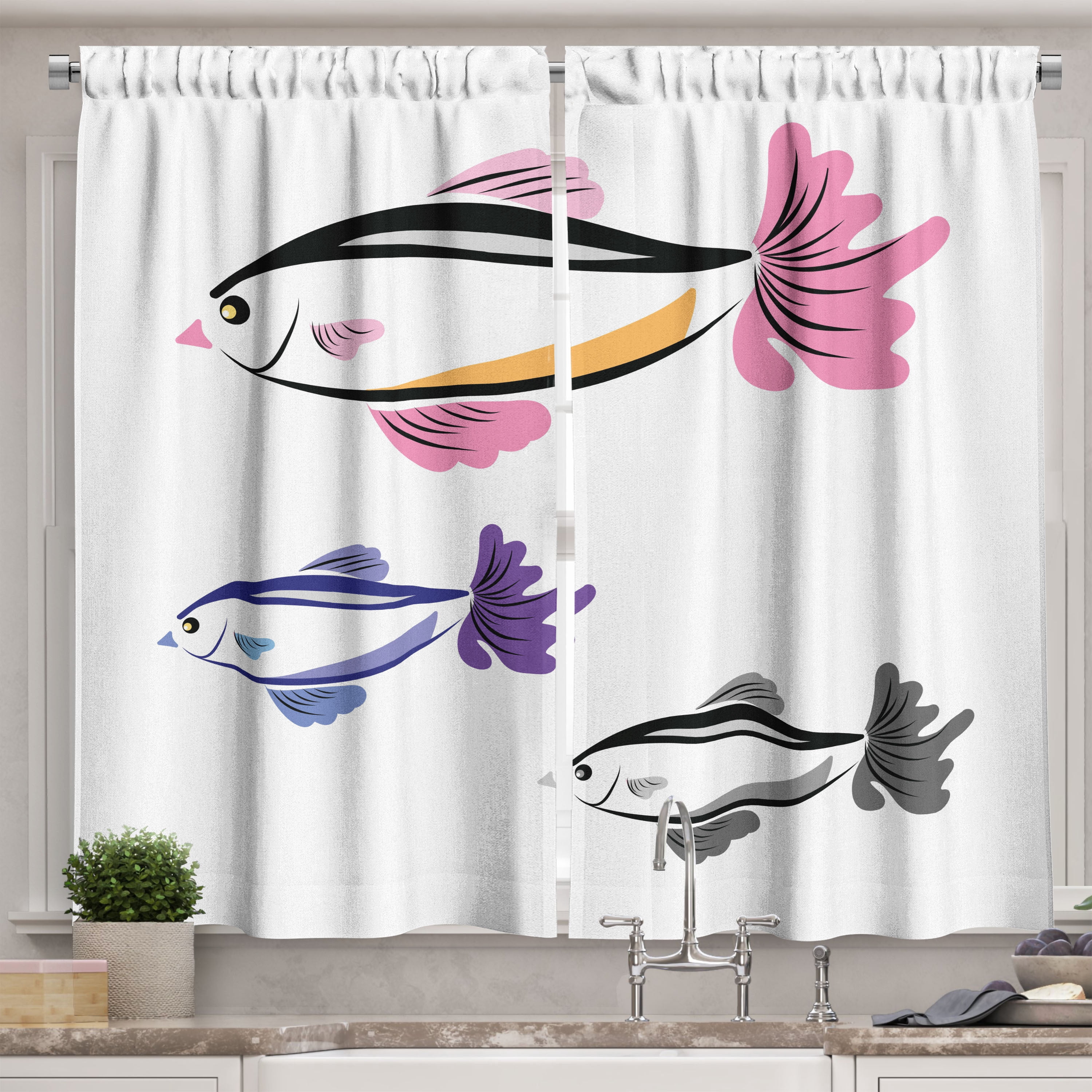 Ambesonne Fish Kitchen Curtains, Bird Faced Animals Swim, 55"x45 ...