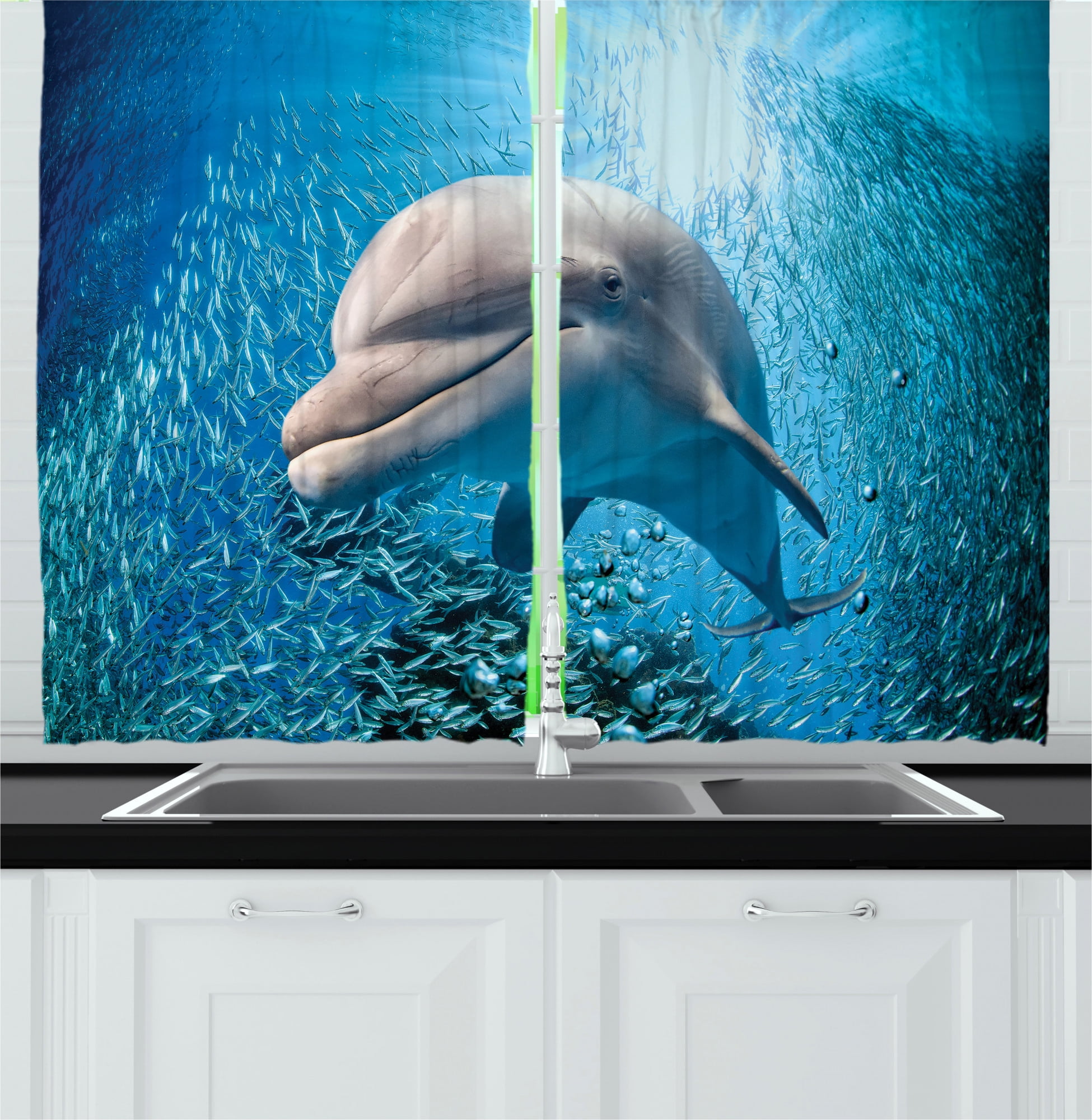 Ambesonne Fish Kitchen Curtains, Dolphin in Ocean Marine, 55"x45", Blue ...