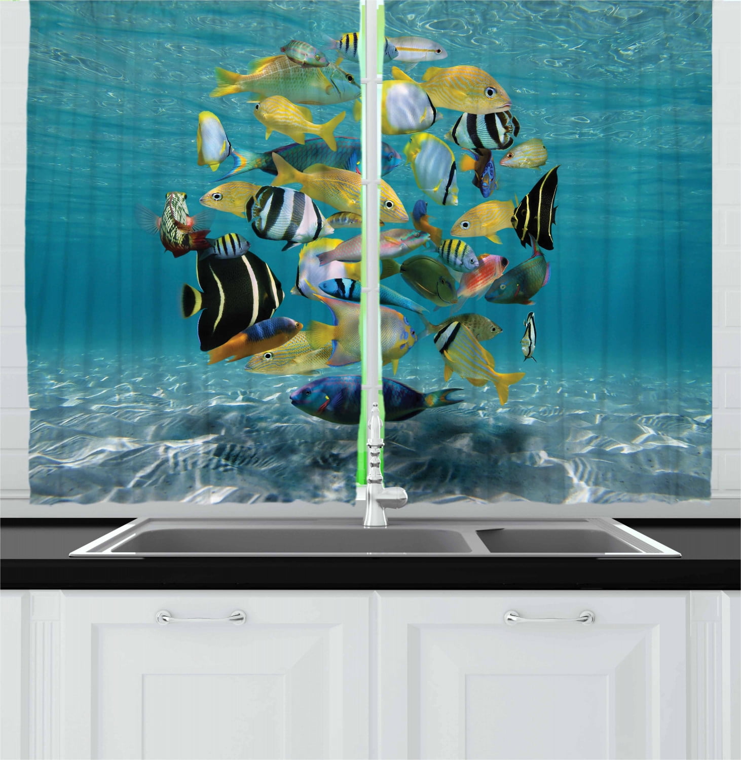 Ambesonne Fish Kitchen Curtains, Shoal of Fish Underwater, 55"x39 ...