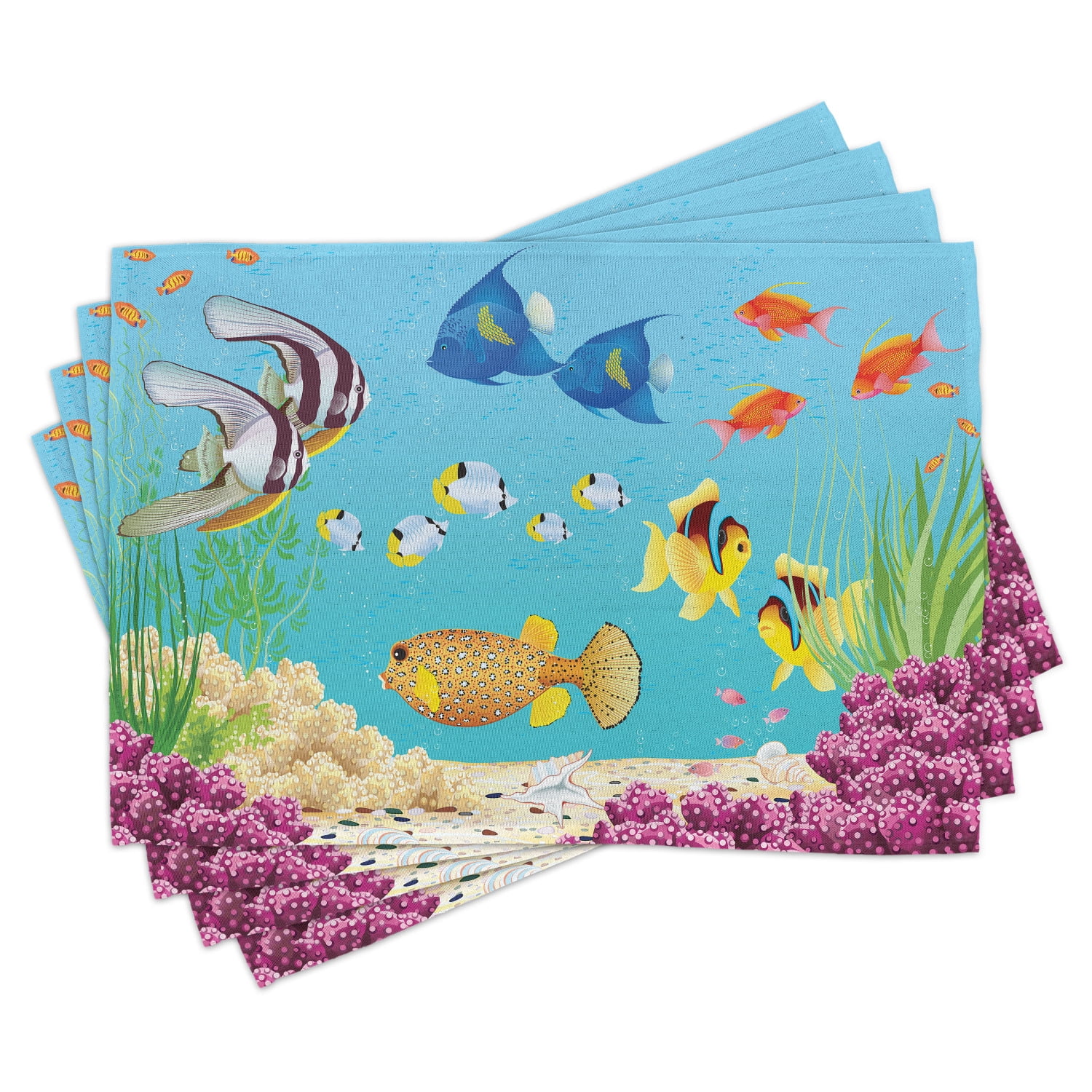 Ambesonne Fish Place Mats Set of 4, Cartoon Underwater Theme, Standard ...