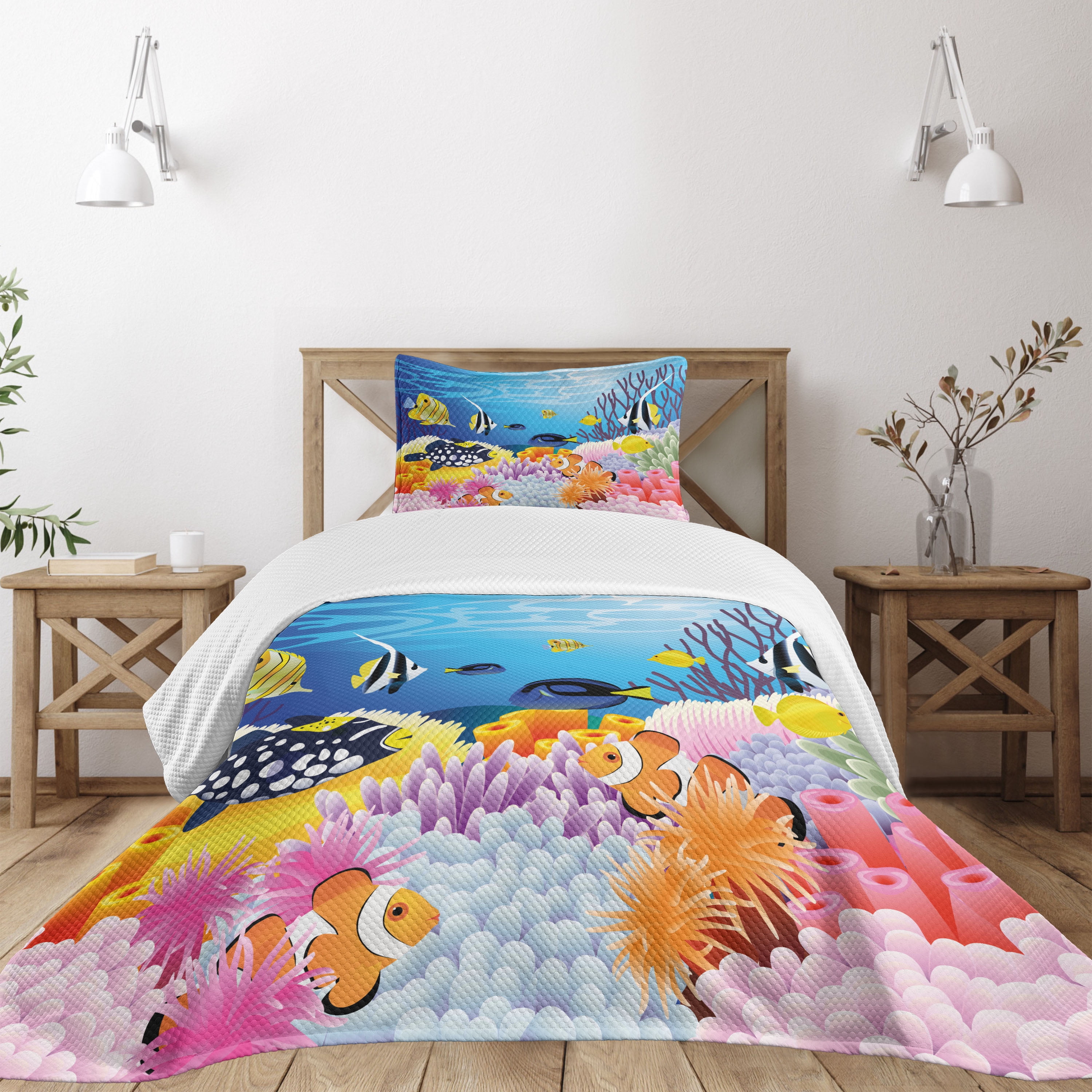 Ambesonne Fish Quilted Bedspread Set 2 Pcs, Fish Coral Reefs, Twin Size ...