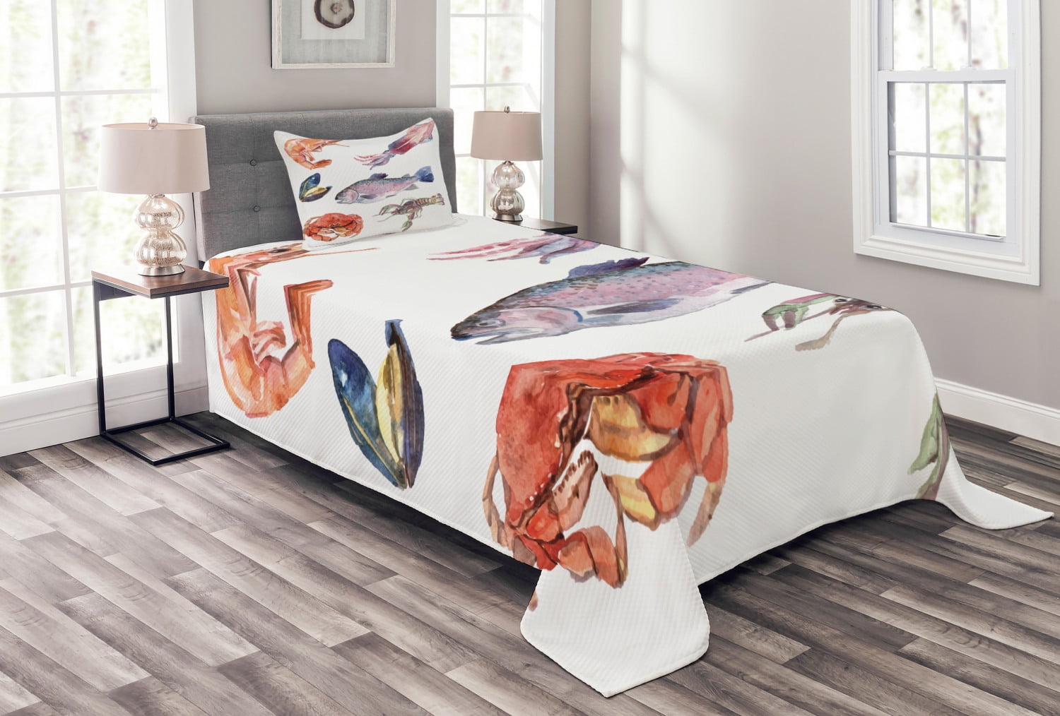 Ambesonne Fish Quilted Bedspread Set 2 Pcs, Sea Animals Watercolor ...