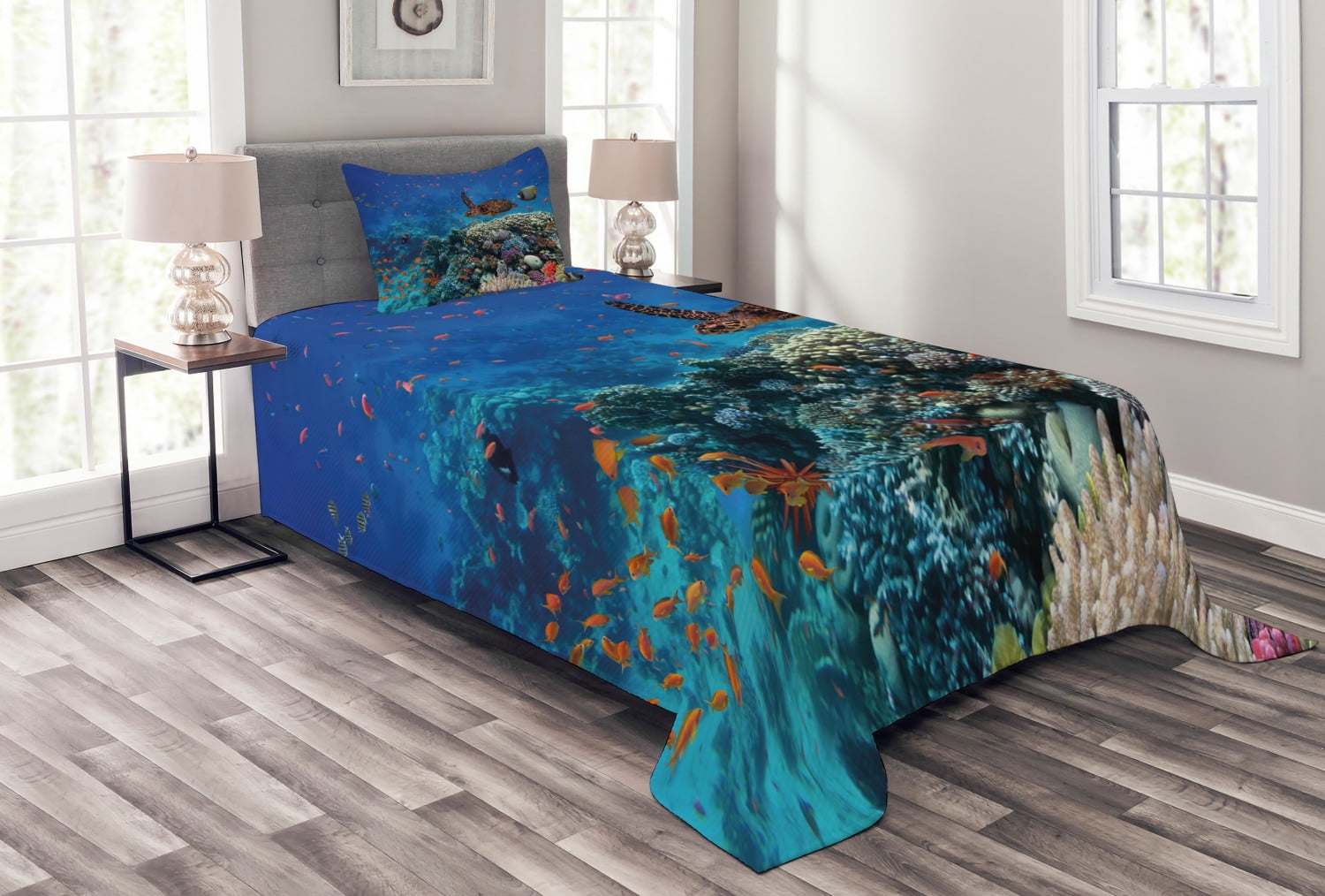 Ambesonne Fish Quilted Bedspread Set 2 Pcs, Tropical Turtle Water, Twin ...