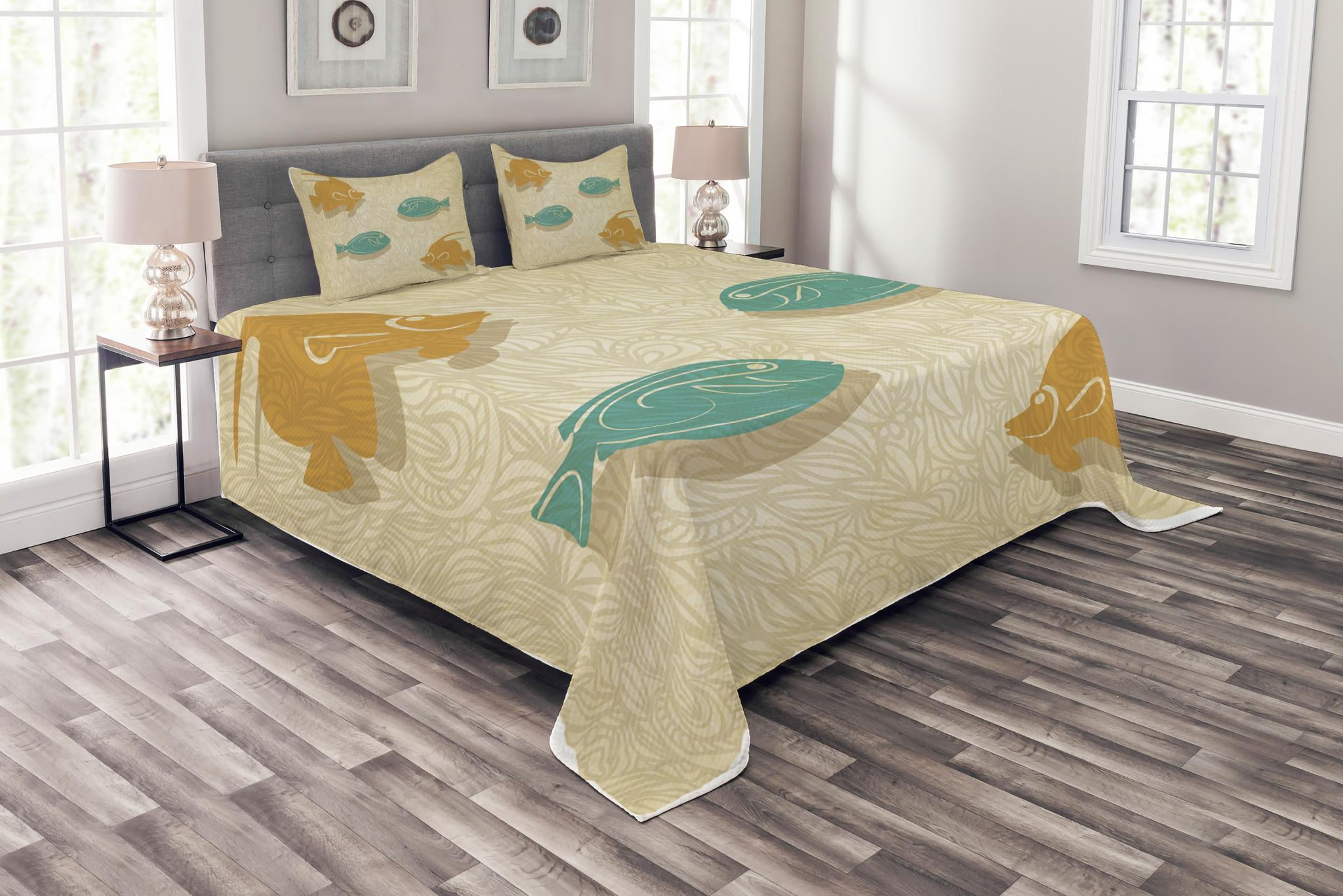 Ambesonne Fish Quilted Bedspread Set 3 Pcs, Aquarium Ocean Waves, Queen ...