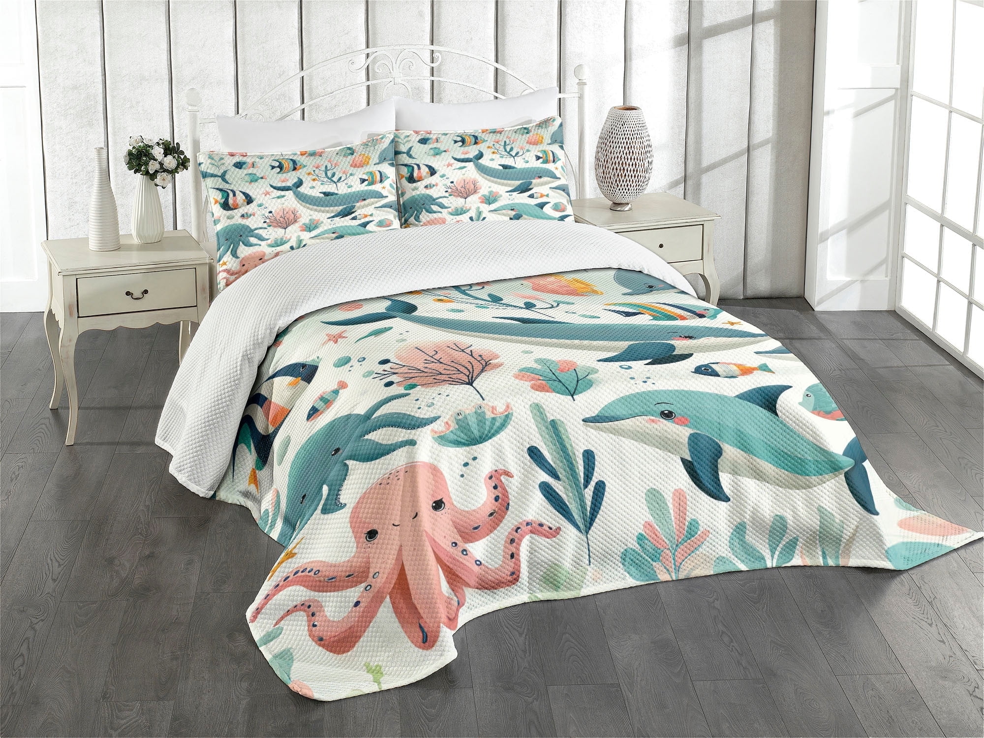 Ambesonne Fish Quilted Bedspread Set 3 Pcs, Cartoon Underwater Friends ...