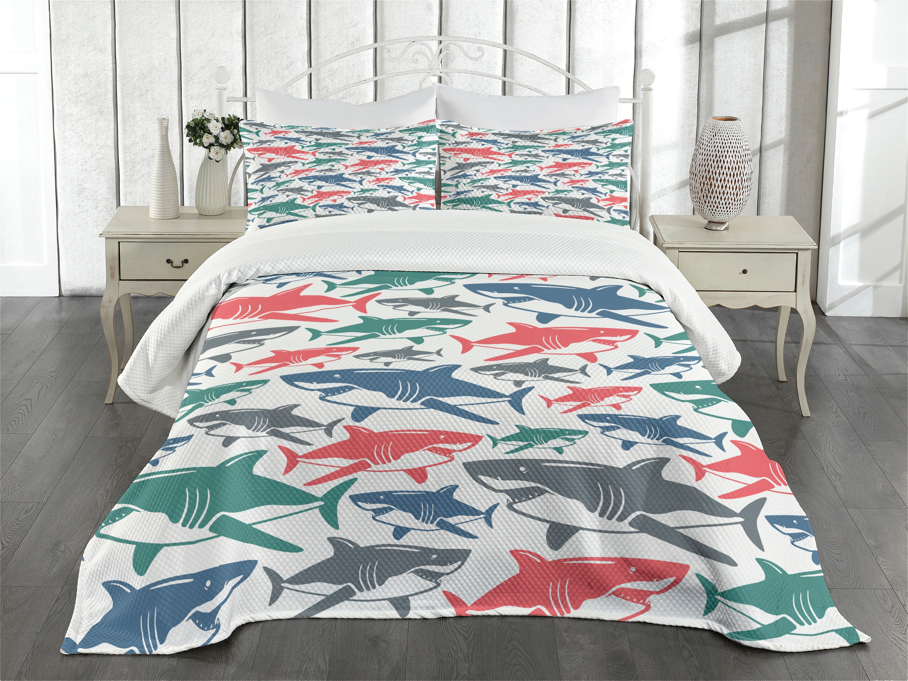 Ambesonne Fish Quilted Bedspread Set 3 Pcs, Colorful Shark Patterns ...