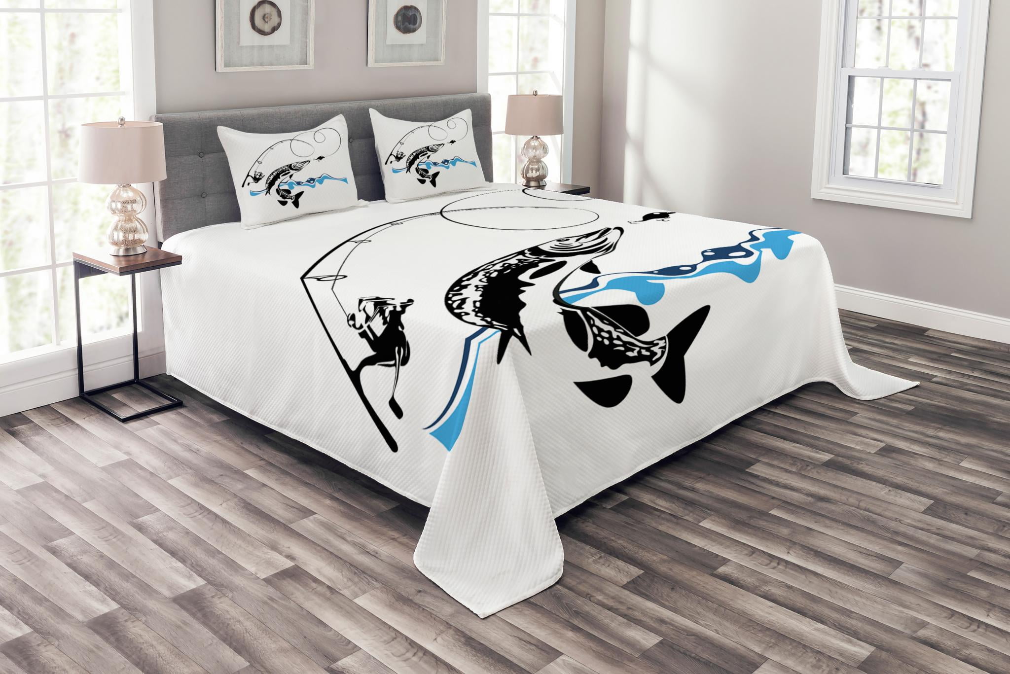 Ambesonne Fish Quilted Bedspread Set 3 Pcs, Hand Drawn Art Nautical ...