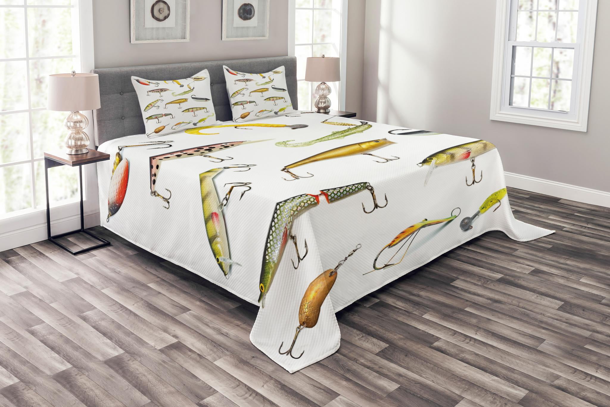 Ambesonne Fish Quilted Bedspread Set 3 Pcs, Hunting Sea Animals Theme ...