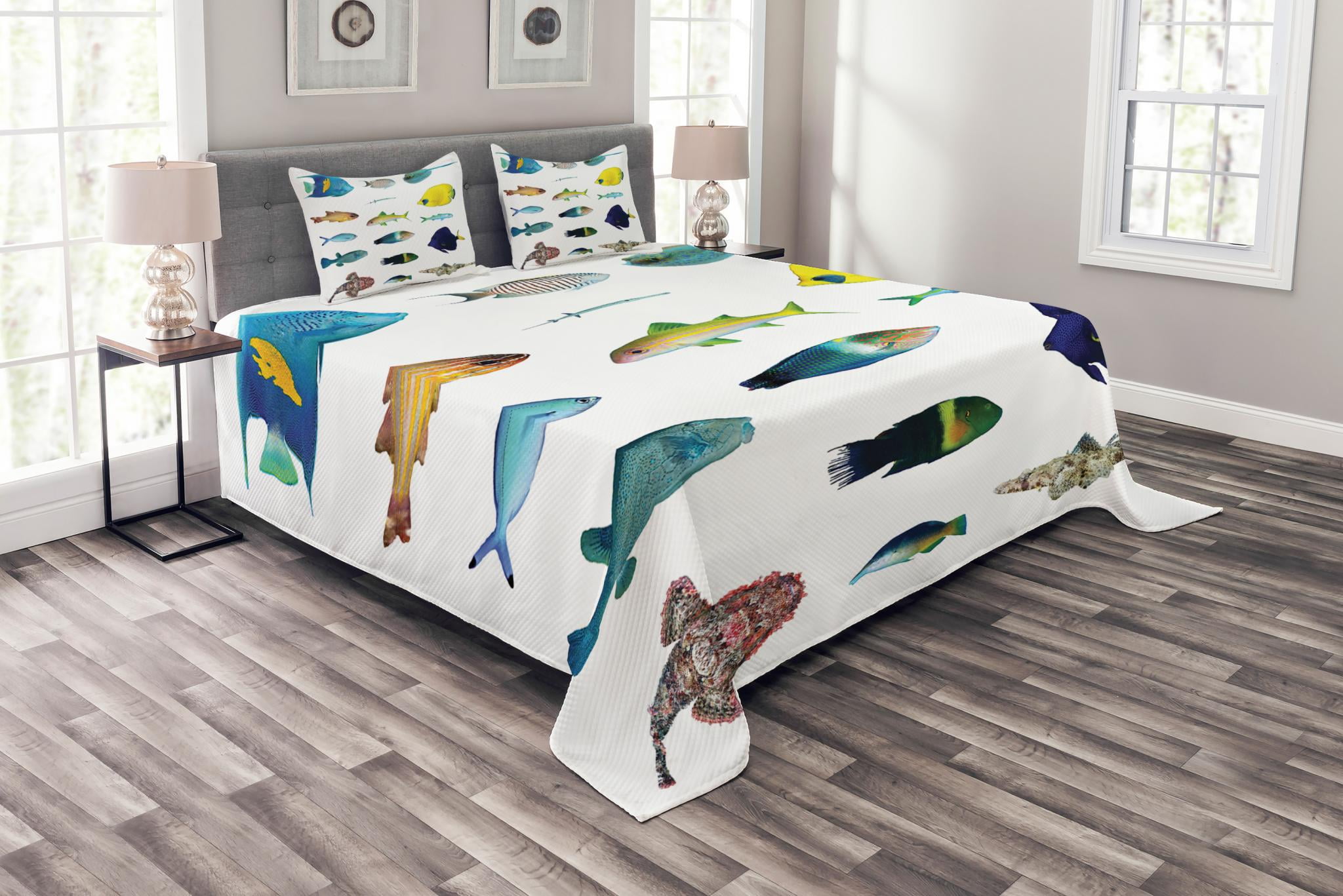 Ambesonne Fish Quilted Bedspread Set 3 Pcs, Marine Life Creatures ...
