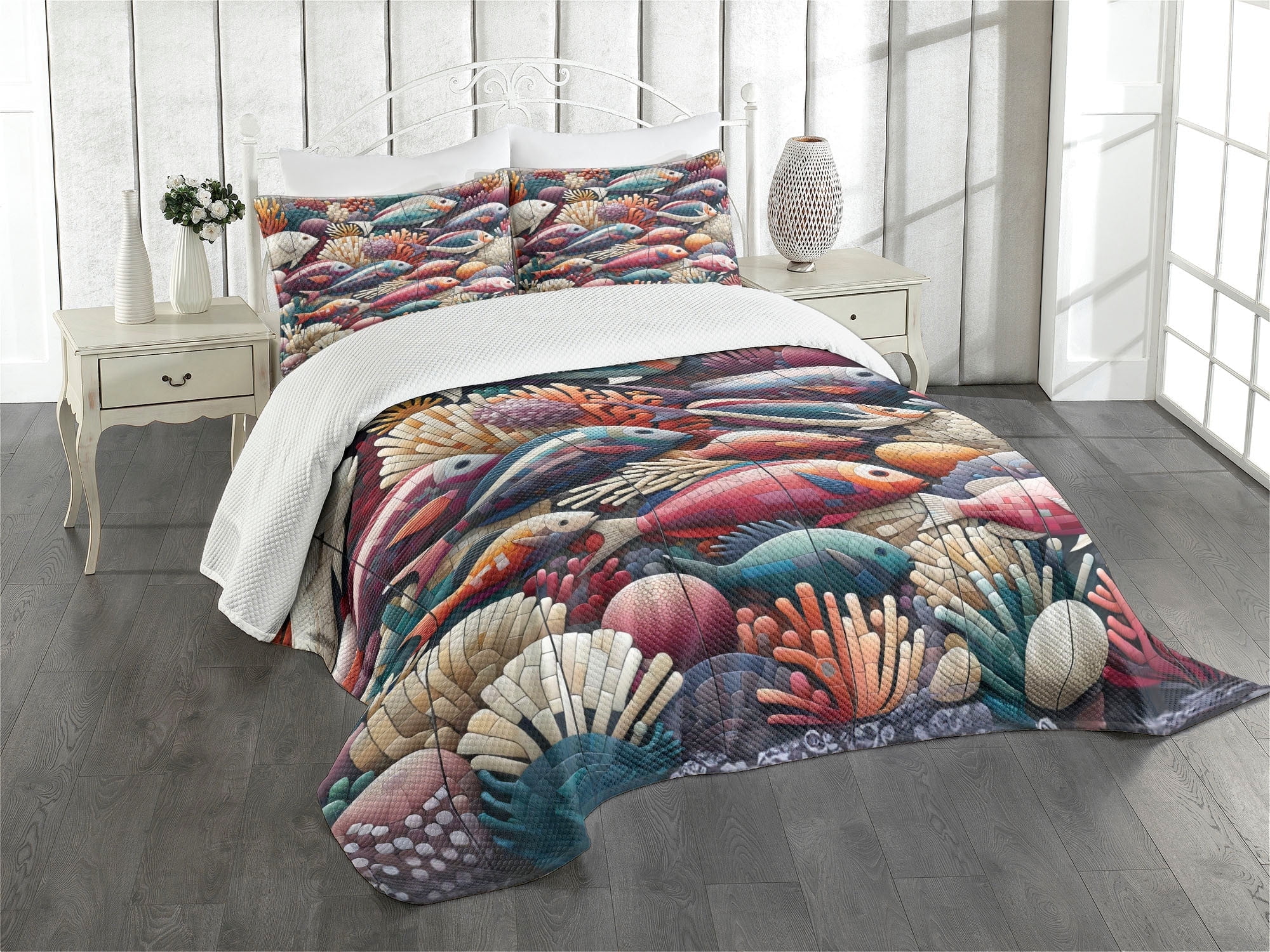 Ambesonne Fish Quilted Bedspread Set 3 Pcs, Mosaic Coral Undersea Life ...