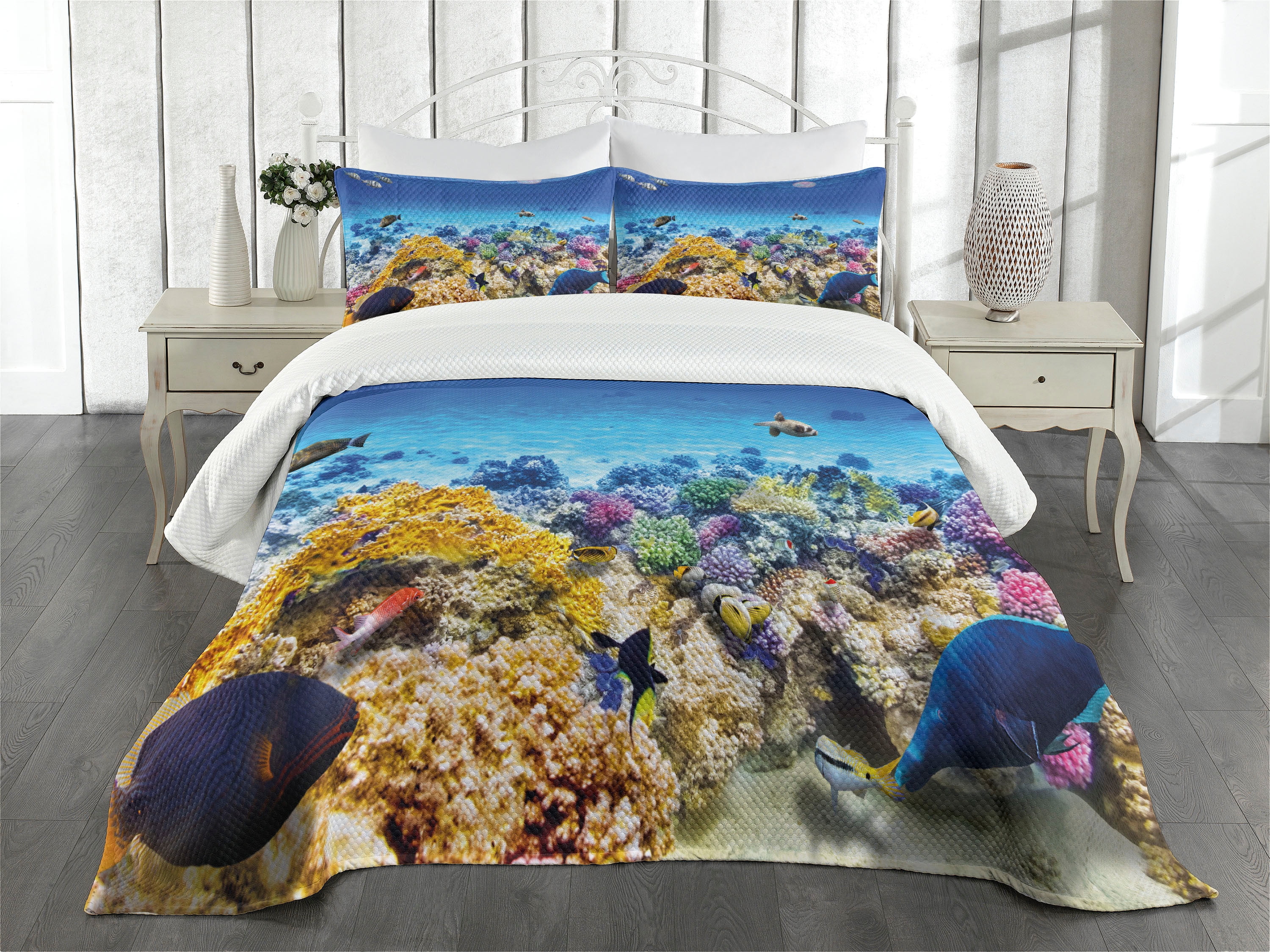Ambesonne Fish Quilted Bedspread Set 3 Pcs, Ocean Corals Goldfish, King ...