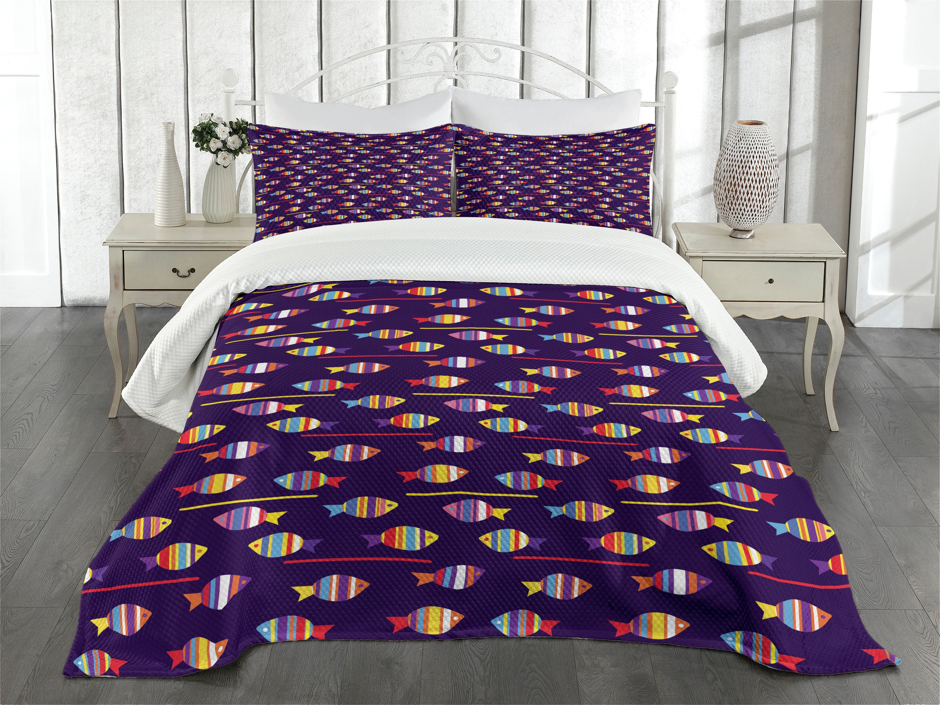 Ambesonne Fish Quilted Bedspread Set 3 Pcs, Rainbow Patterned Animals ...
