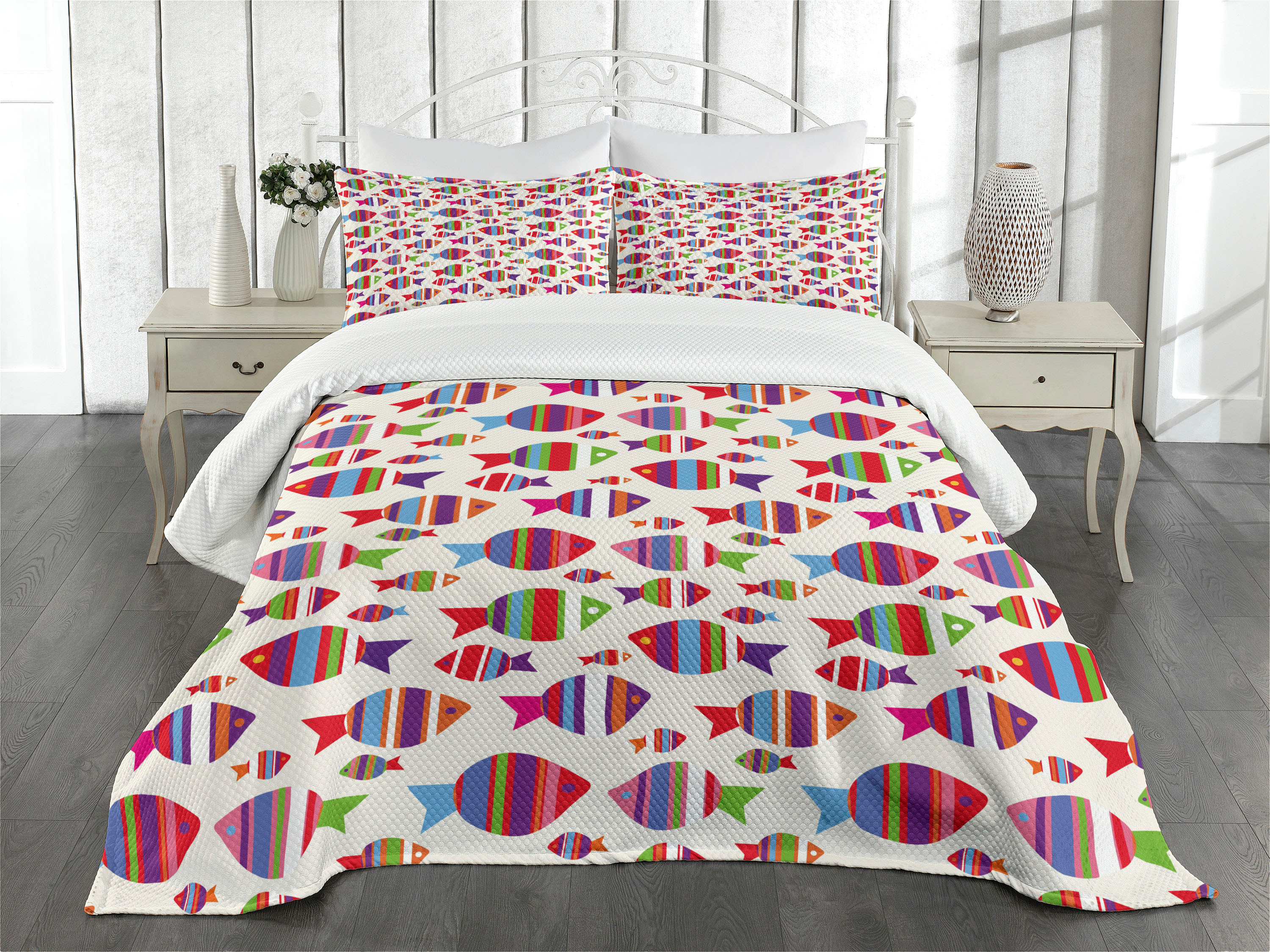 Ambesonne Fish Quilted Bedspread Set 3 Pcs, Vibrant Striped Fishes ...