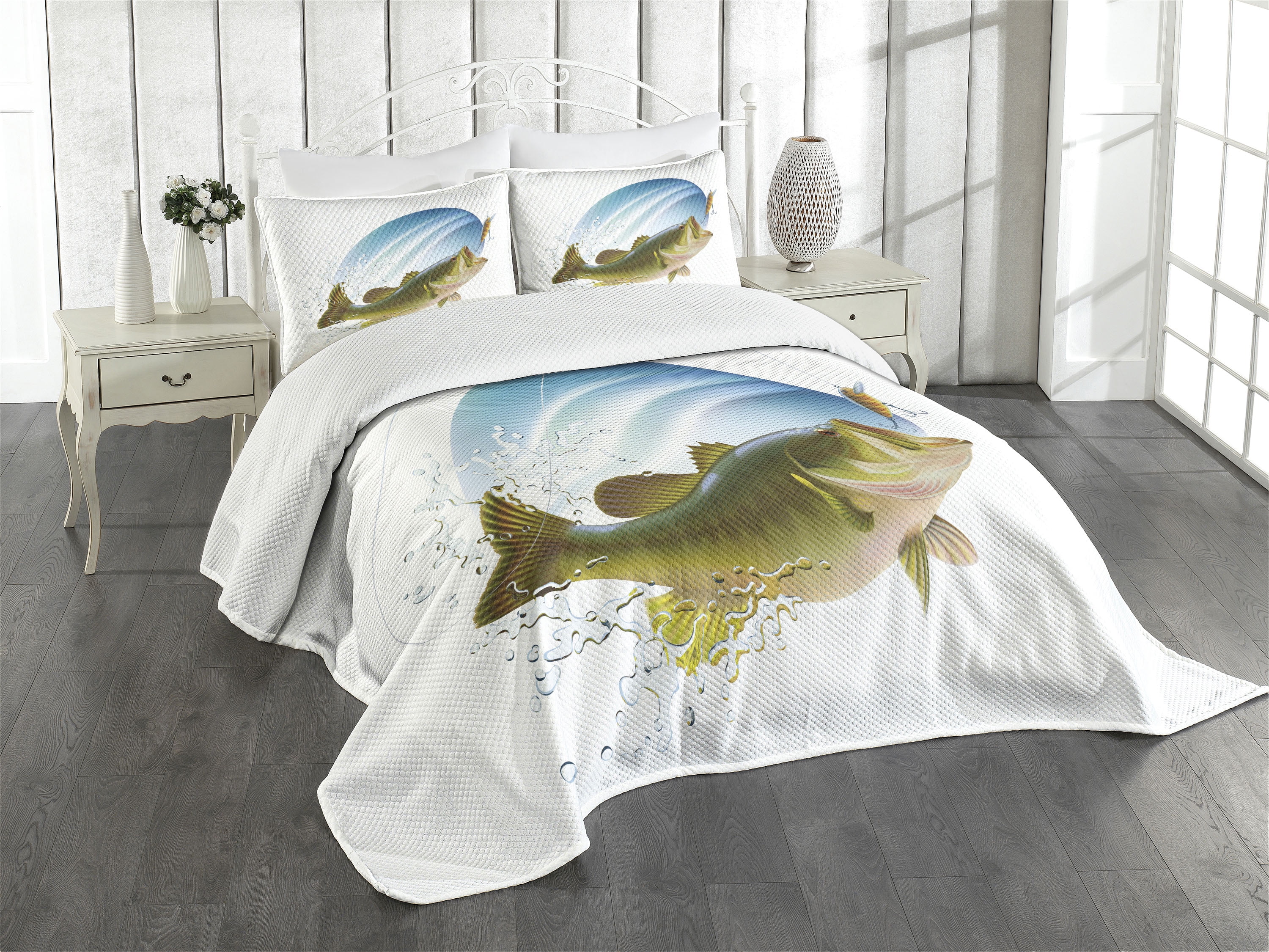 Ambesonne Fish Quilted Bedspread Set 3 Pcs, Wild Life in Nature Theme ...