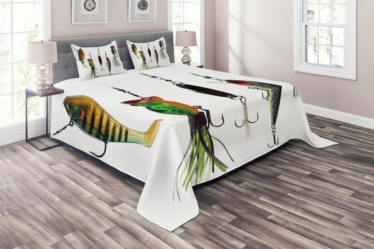 Ambesonne Fish Quilted Coverlet 3 Pcs, Fishing Baits Hobby Leisure ...