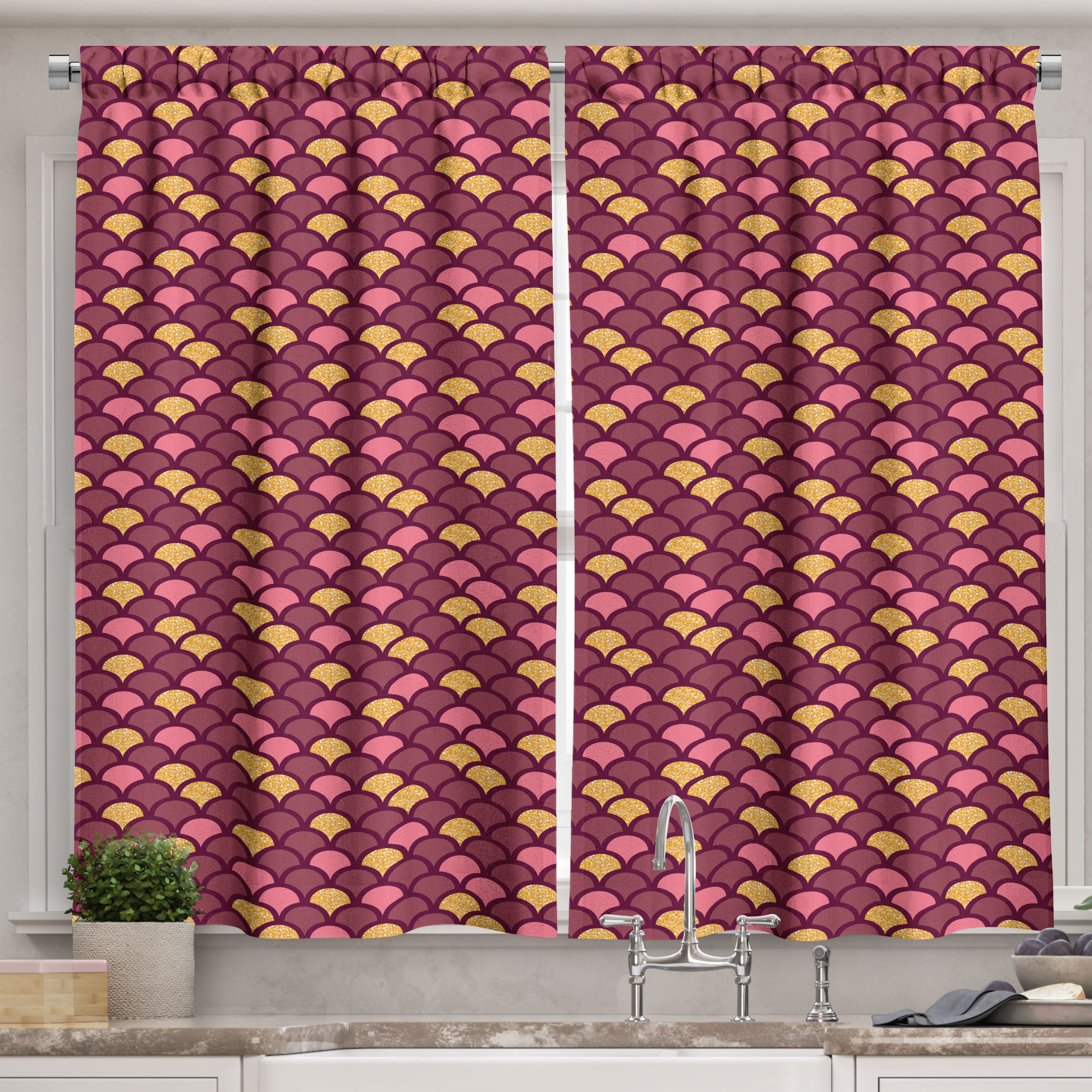 Ambesonne Fish Scale Kitchen Curtains, Modern Arc Shapes, 55"x39 ...