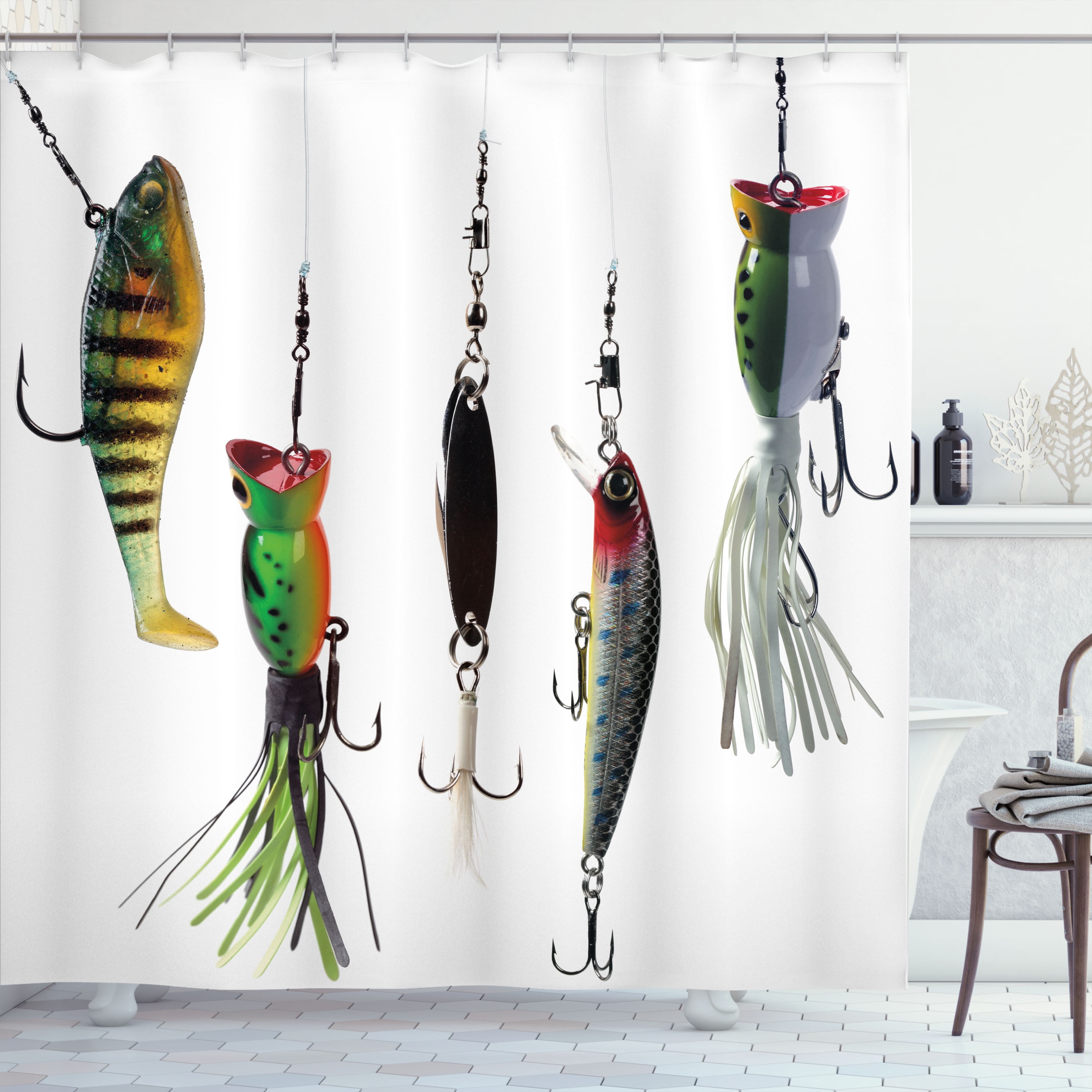 Ambesonne Fish Shower Curtain, Fishing Baits Hobby Leisure, 69"Wx84"L ...