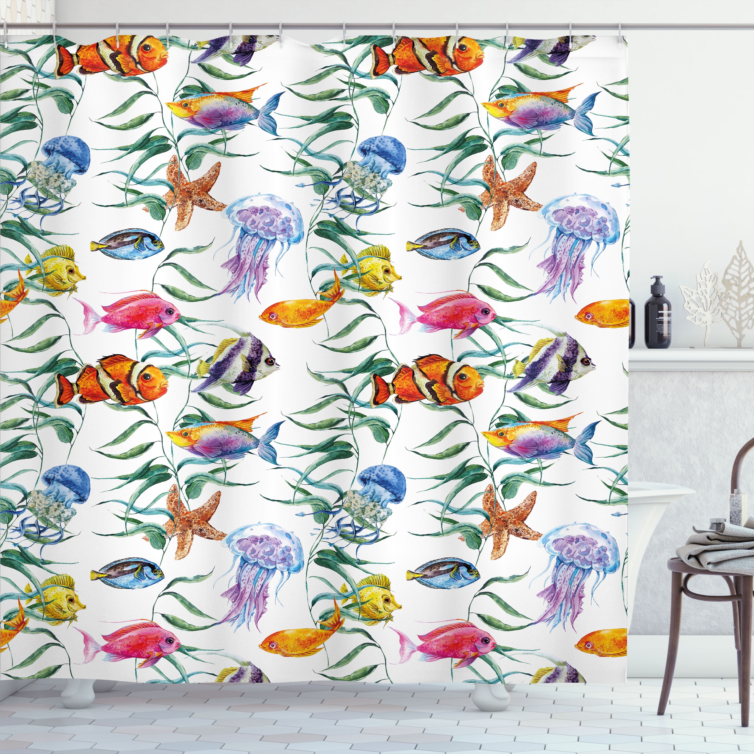 Ambesonne Fish Shower Curtain, Watercolor Underwater, 69"Wx70"L ...