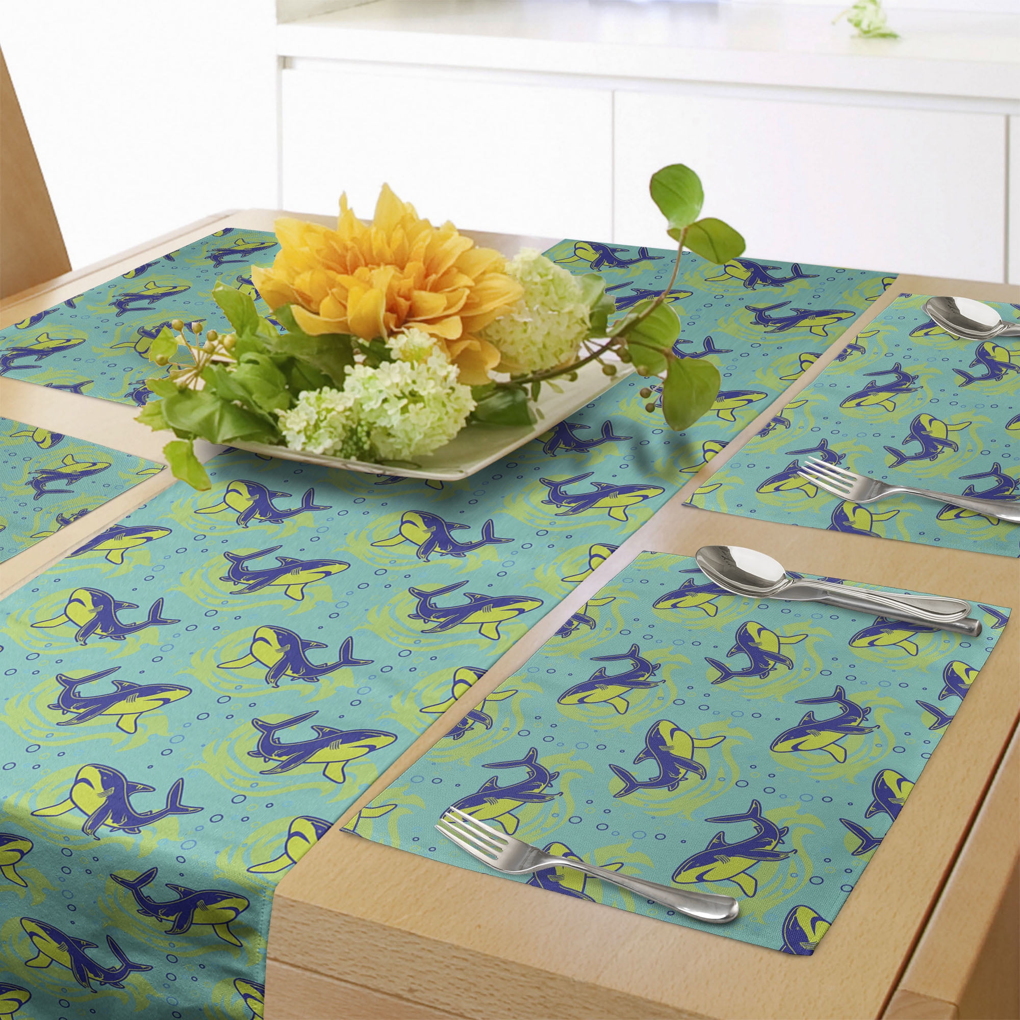 Ambesonne Fish Table Runner & Placemats, Deep Sea Sharks Swimming Art ...