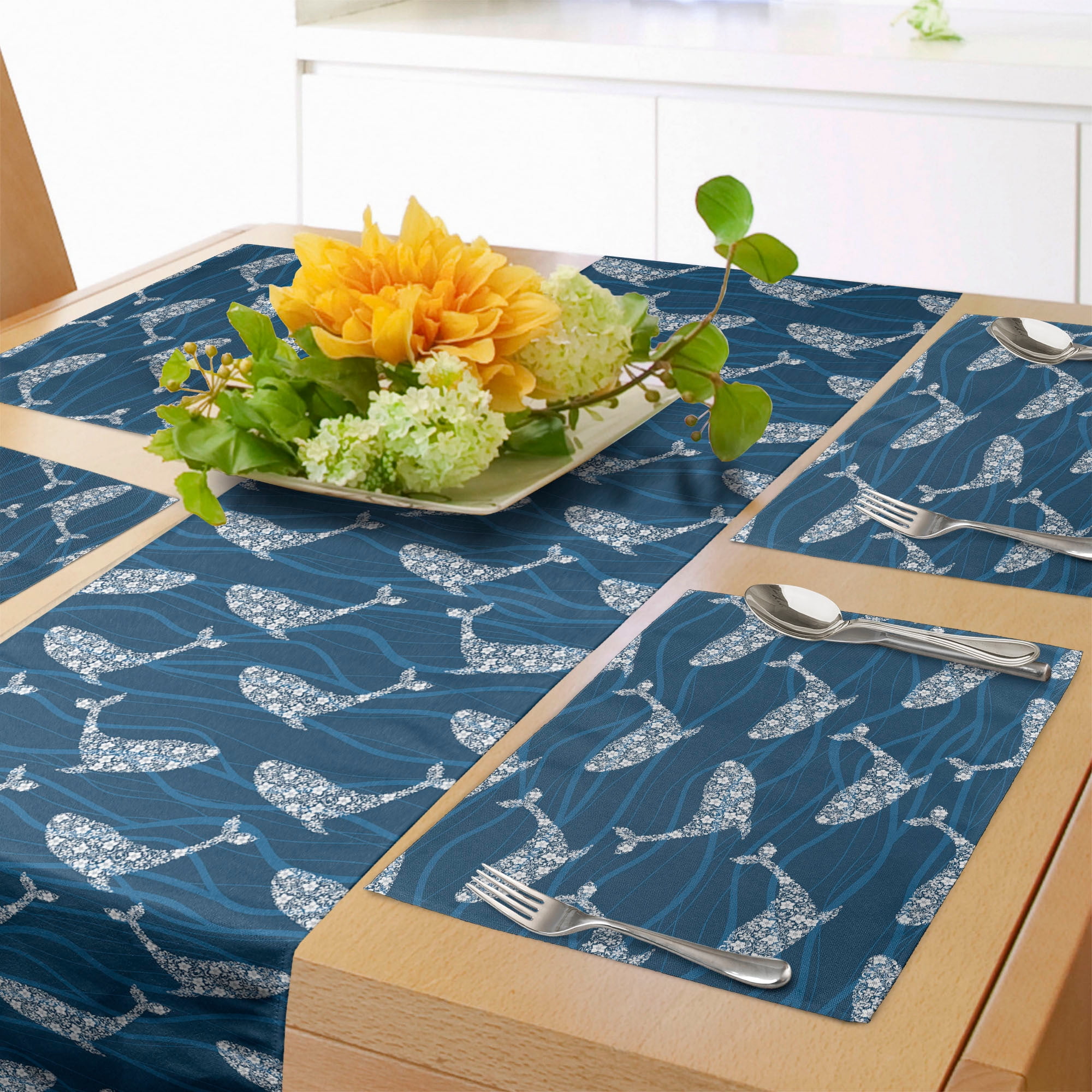 Ambesonne Fish Table Runner & Placemats, Floral Ornamental Ocean Whales ...