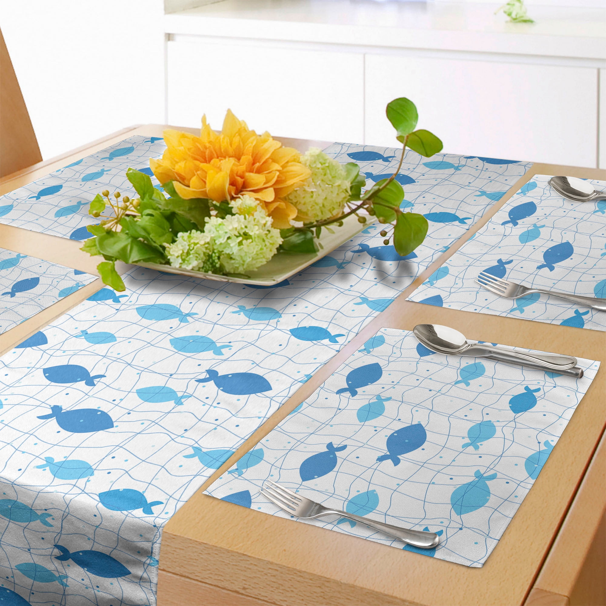 Ambesonne Fish Table Runner & Placemats, Geometric Net Design Dots ...
