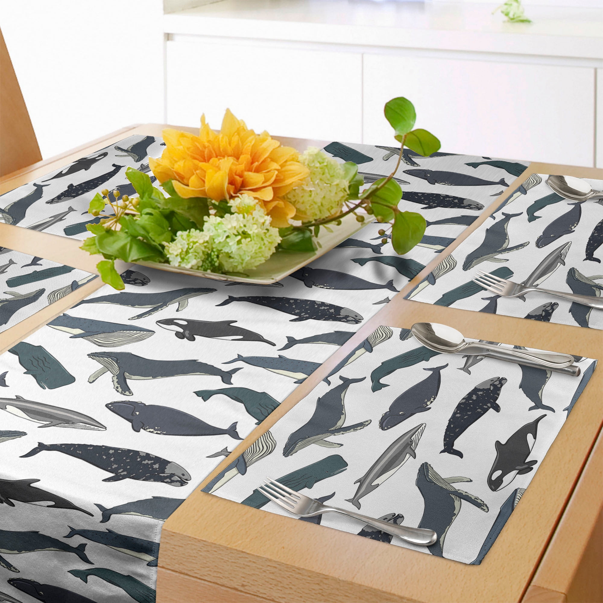 Ambesonne Fish Table Runner & Placemats, Whales Aquatic Species Marine ...
