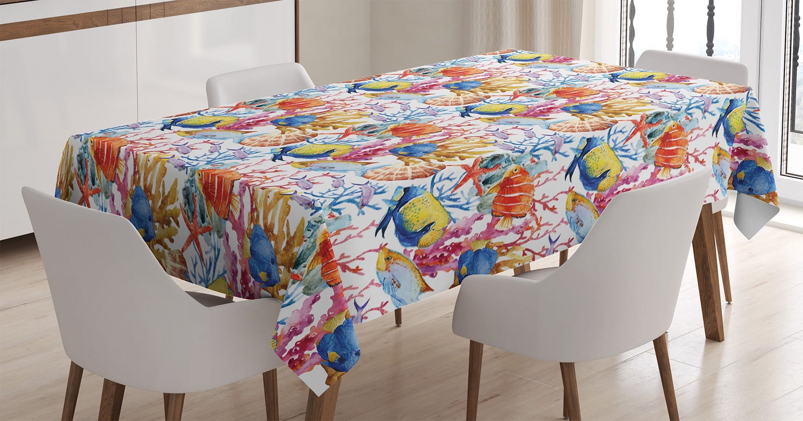 Ambesonne Fish Tablecloth Rectangular Table Cover, Coral Reef Scallop ...