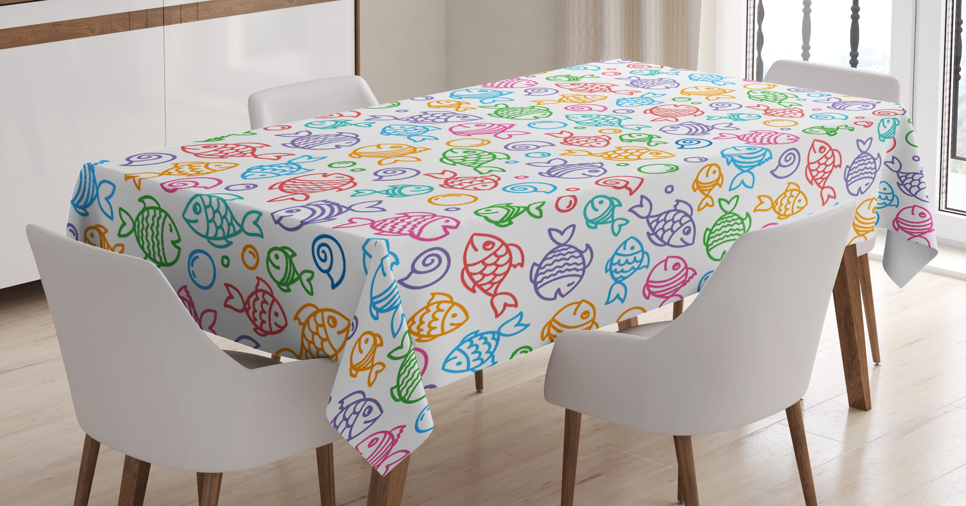 Ambesonne Fish Tablecloth Rectangular Table Cover, Doodle Fish Happy ...