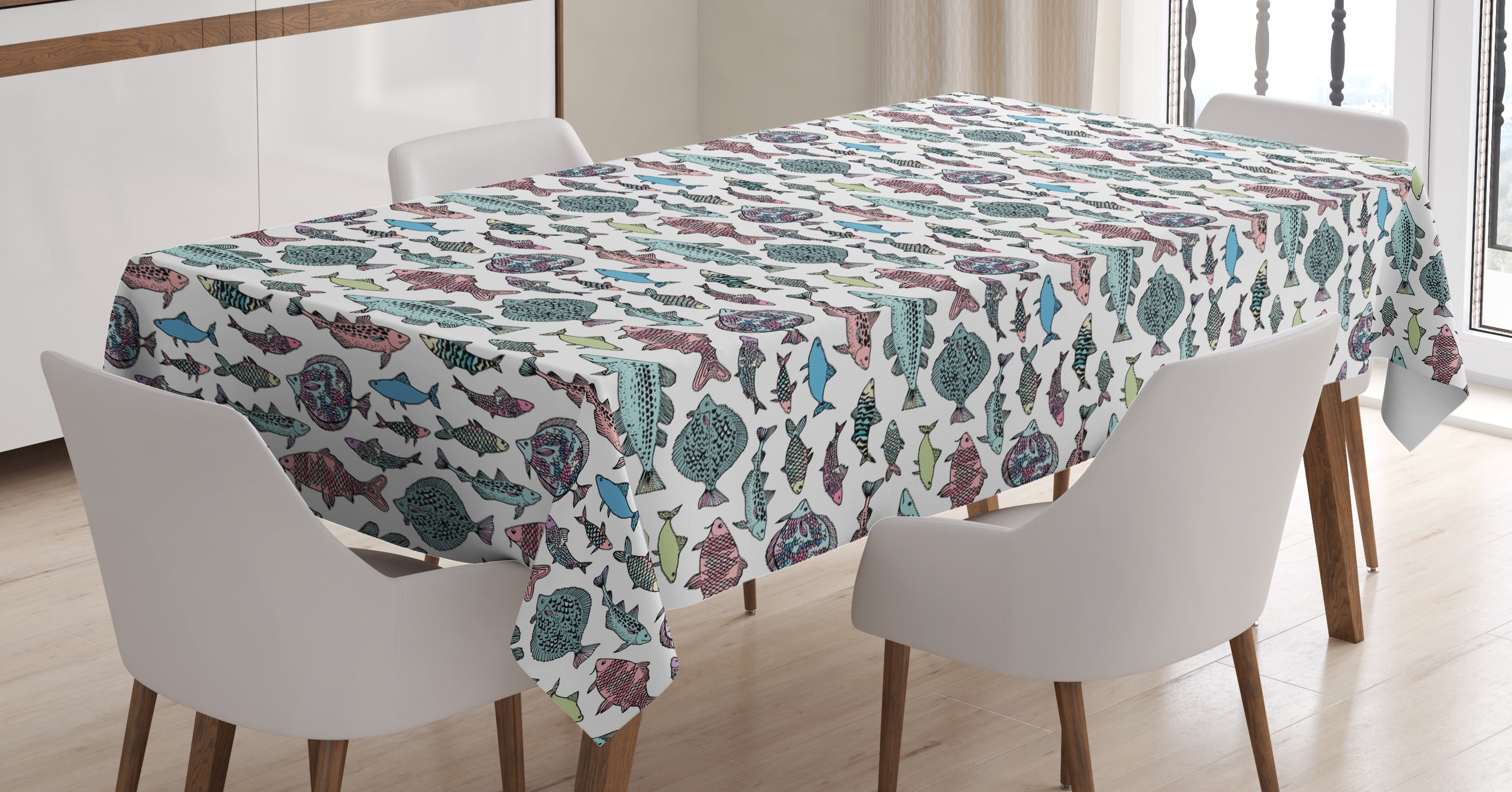Ambesonne Fish Tablecloth Rectangular Table Cover, Seafood Cuisine ...
