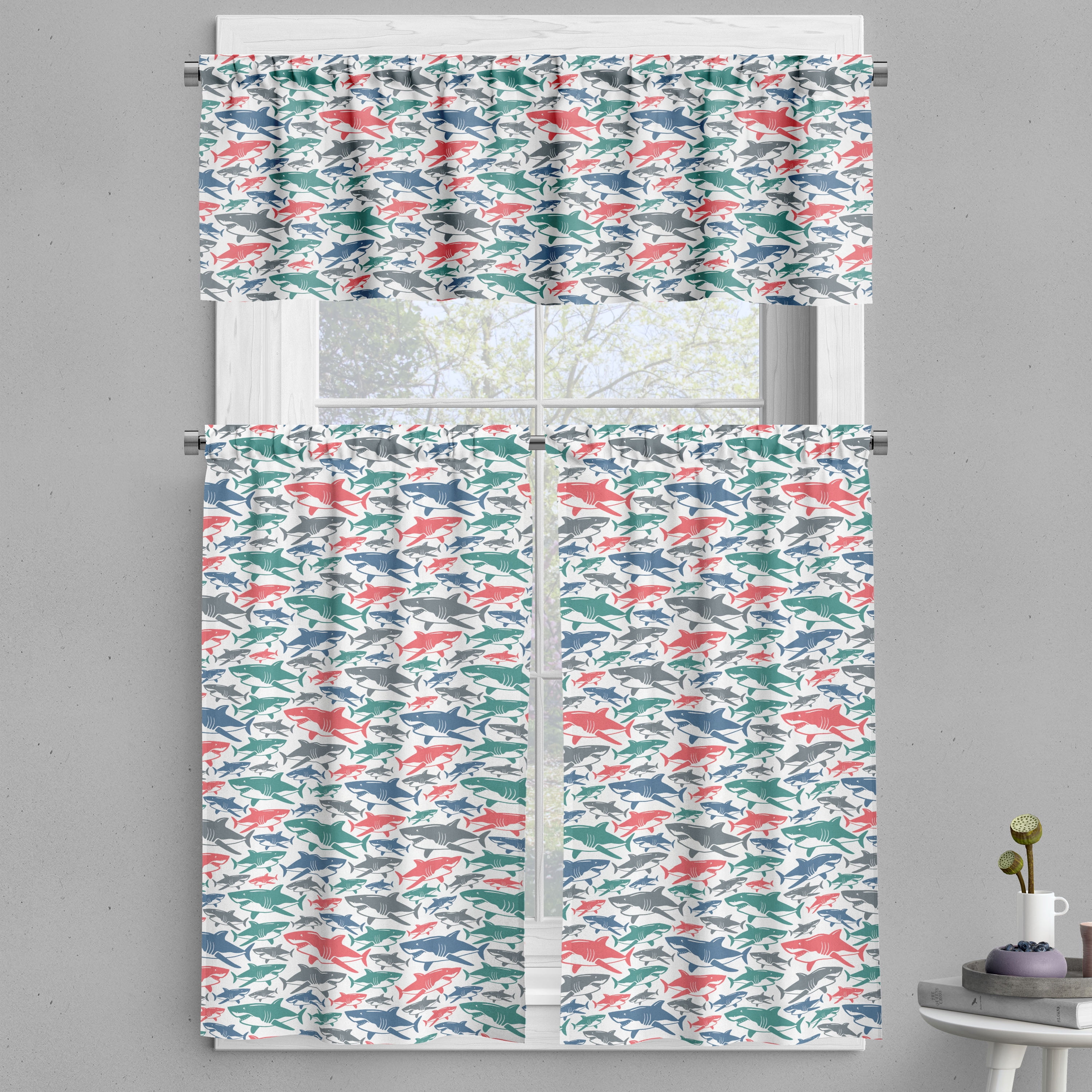 Ambesonne Fish Valance & Curtain, Colorful Shark Patterns, 55"x45 ...