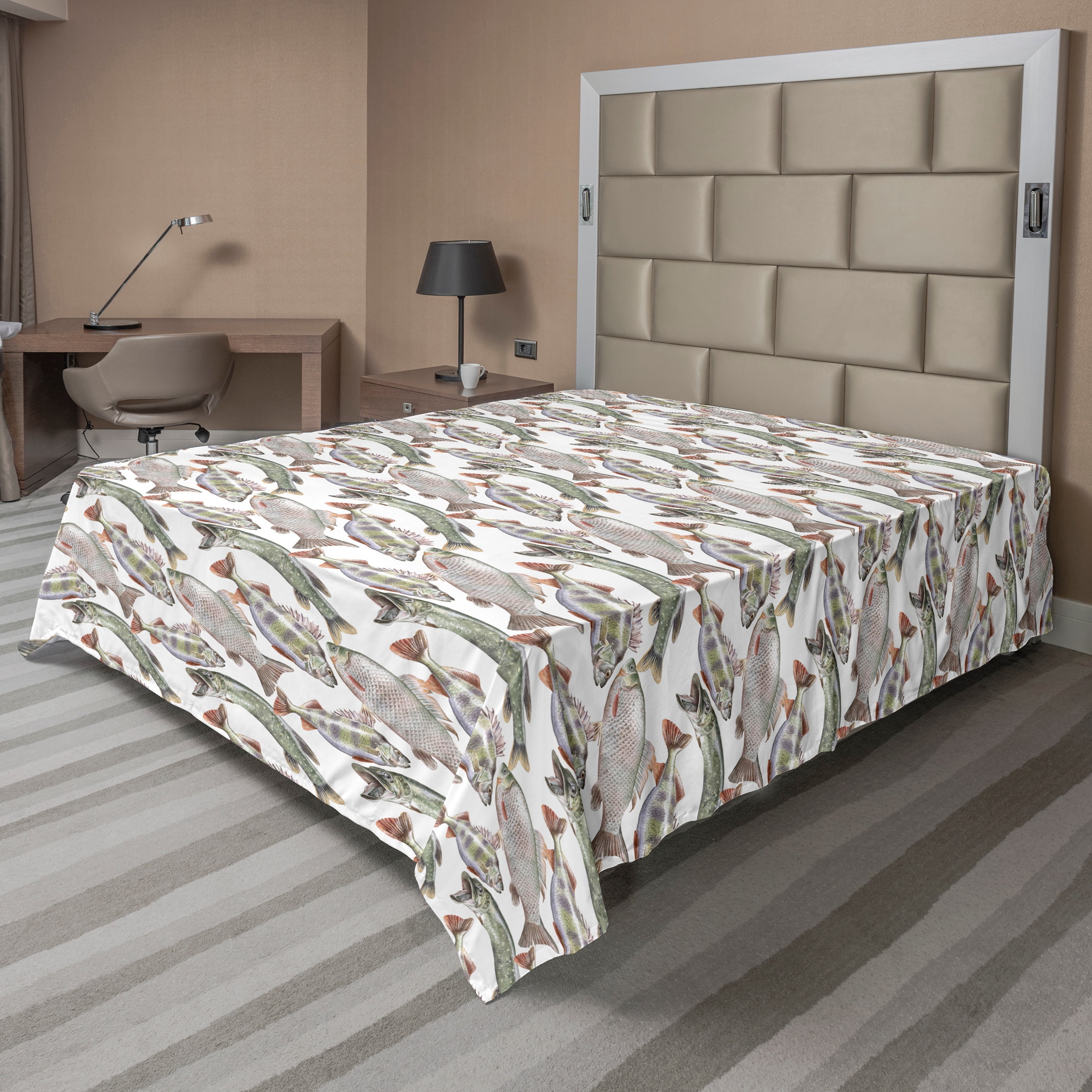 Ambesonne Fishes Flat Sheet, Carp Perch and Bass, Queen Size ...