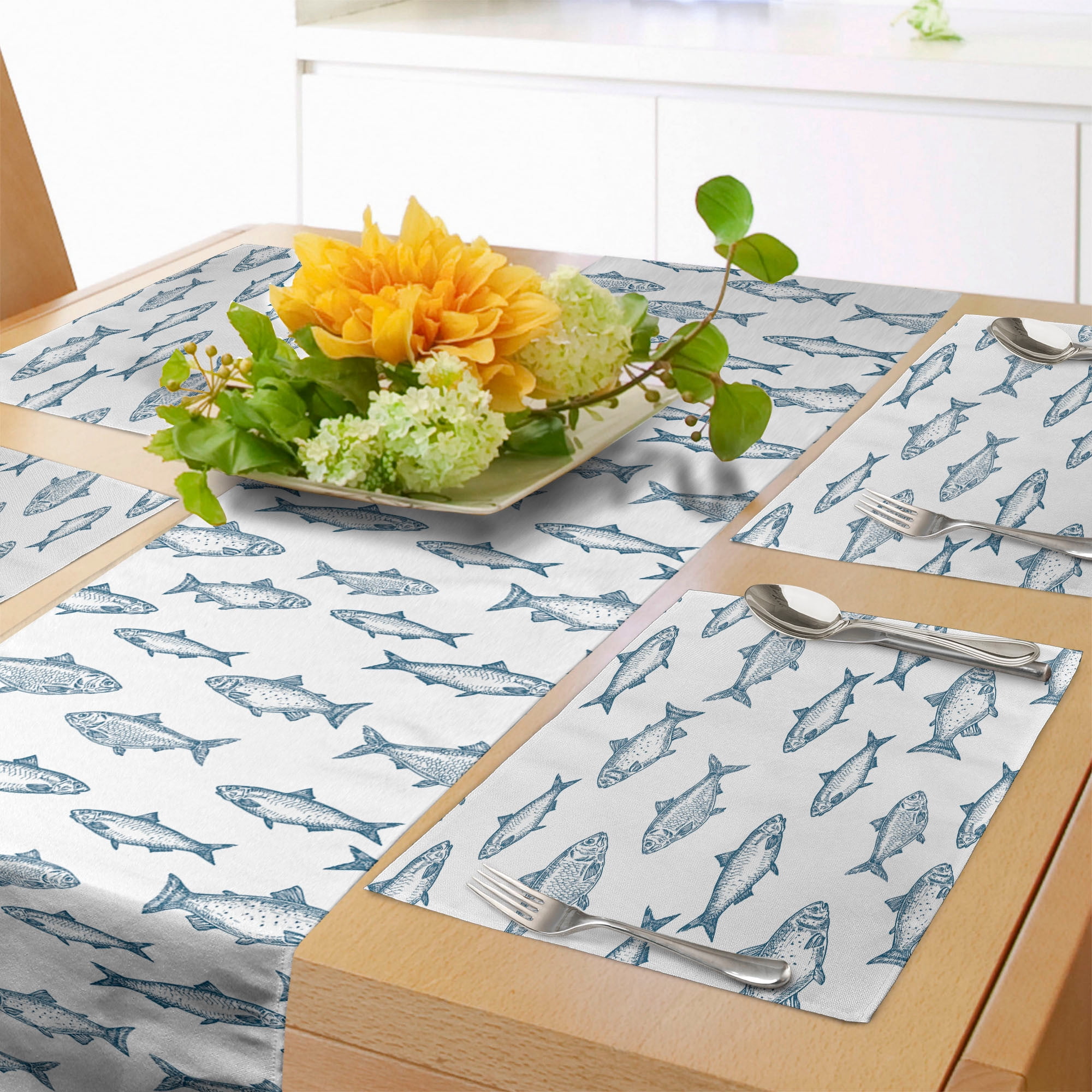 Ambesonne Fishing Table Runner & Placemats, Fish Sketches Marine Theme ...