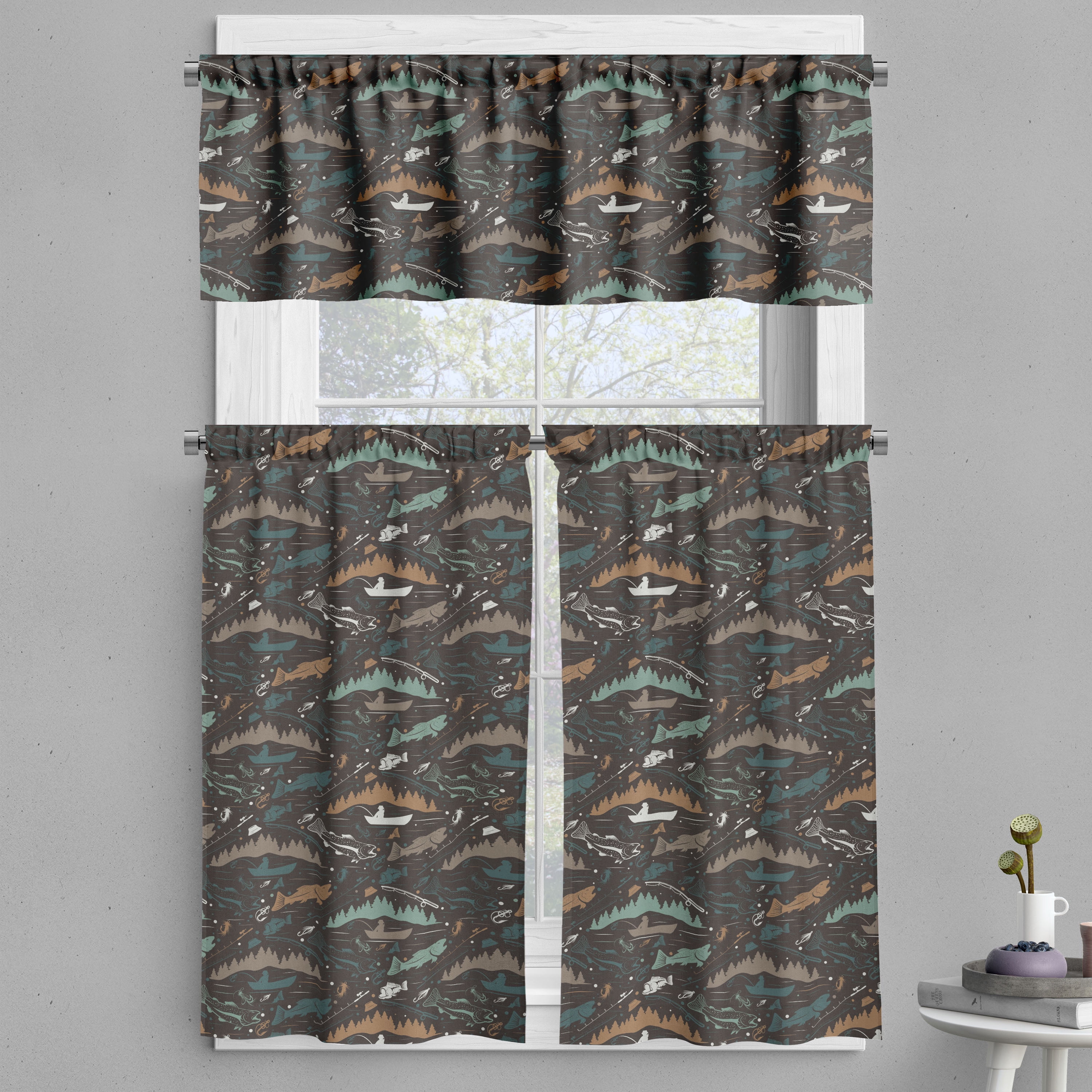 Ambesonne Fishing Theme Valance & Curtain, Fishes and Fishermans, 55 ...