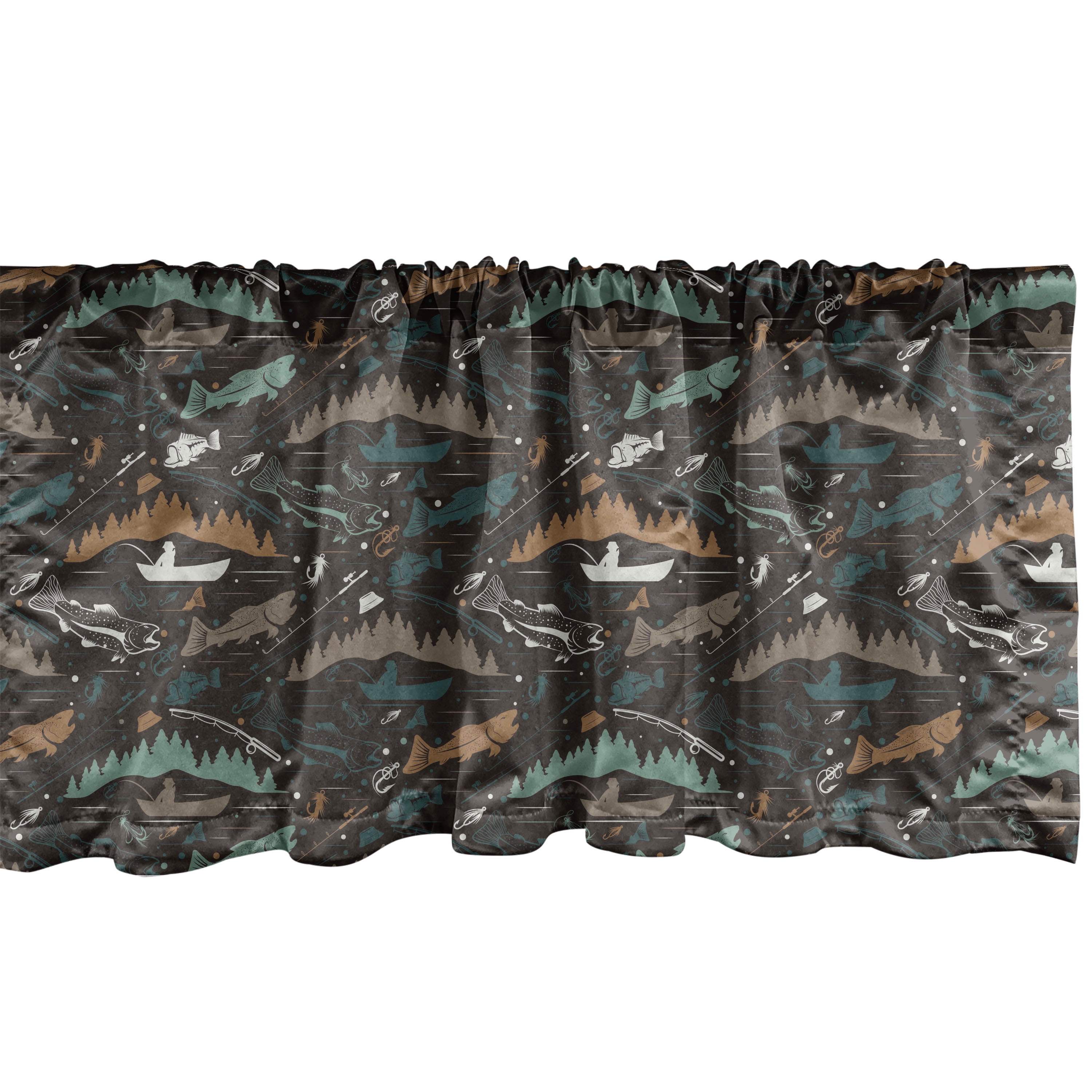 Ambesonne Fishing Theme Window Valance, Fishes and Fishermans, 54" X 18 ...