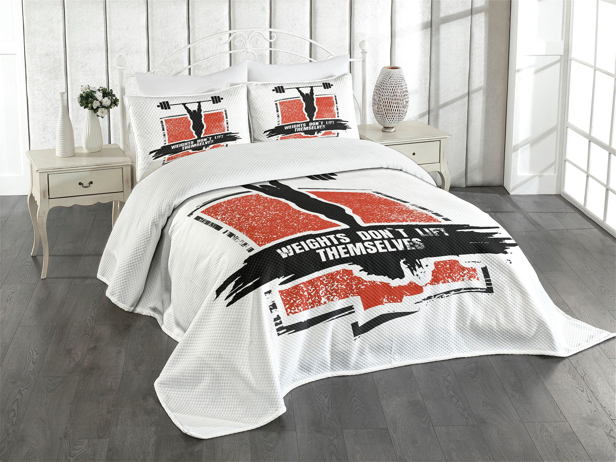 Ambesonne Fitness Quilted Bedspread Set 3 Pcs, Bodybuilder Barbell ...