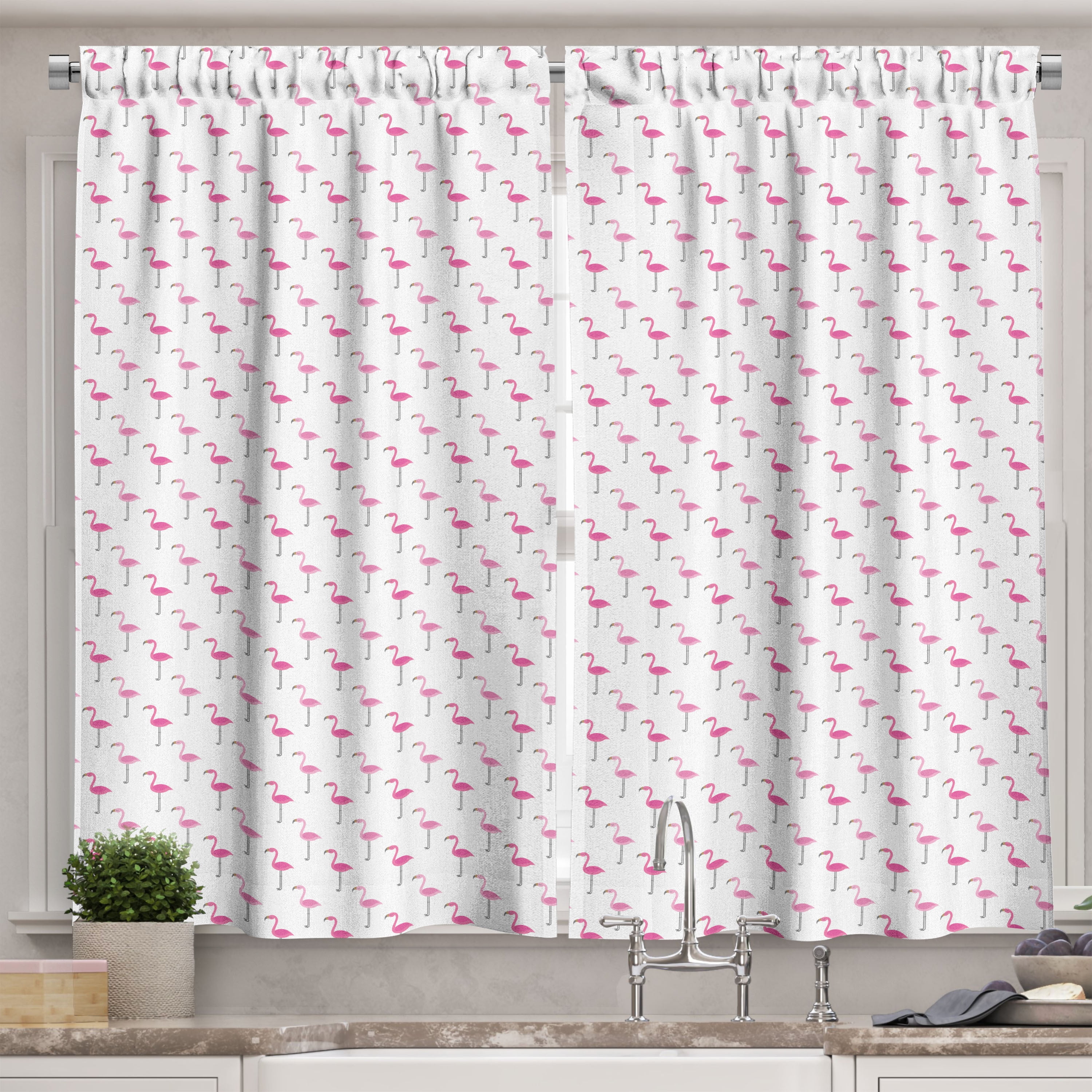 Ambesonne Flamingo Kitchen Curtains, Minimal Exotic Birds Motif, 55"x45 ...