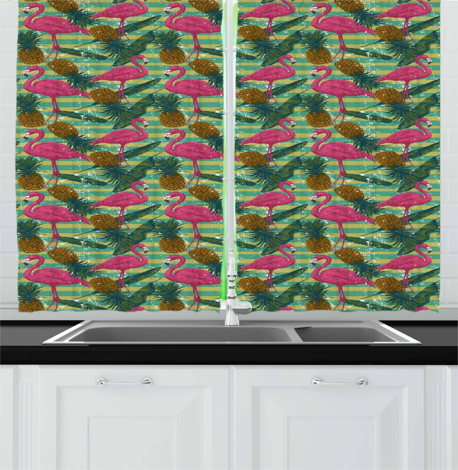 Ambesonne Flamingo Kitchen Curtains, Pineapples Banana Leaf, 55"x39 ...
