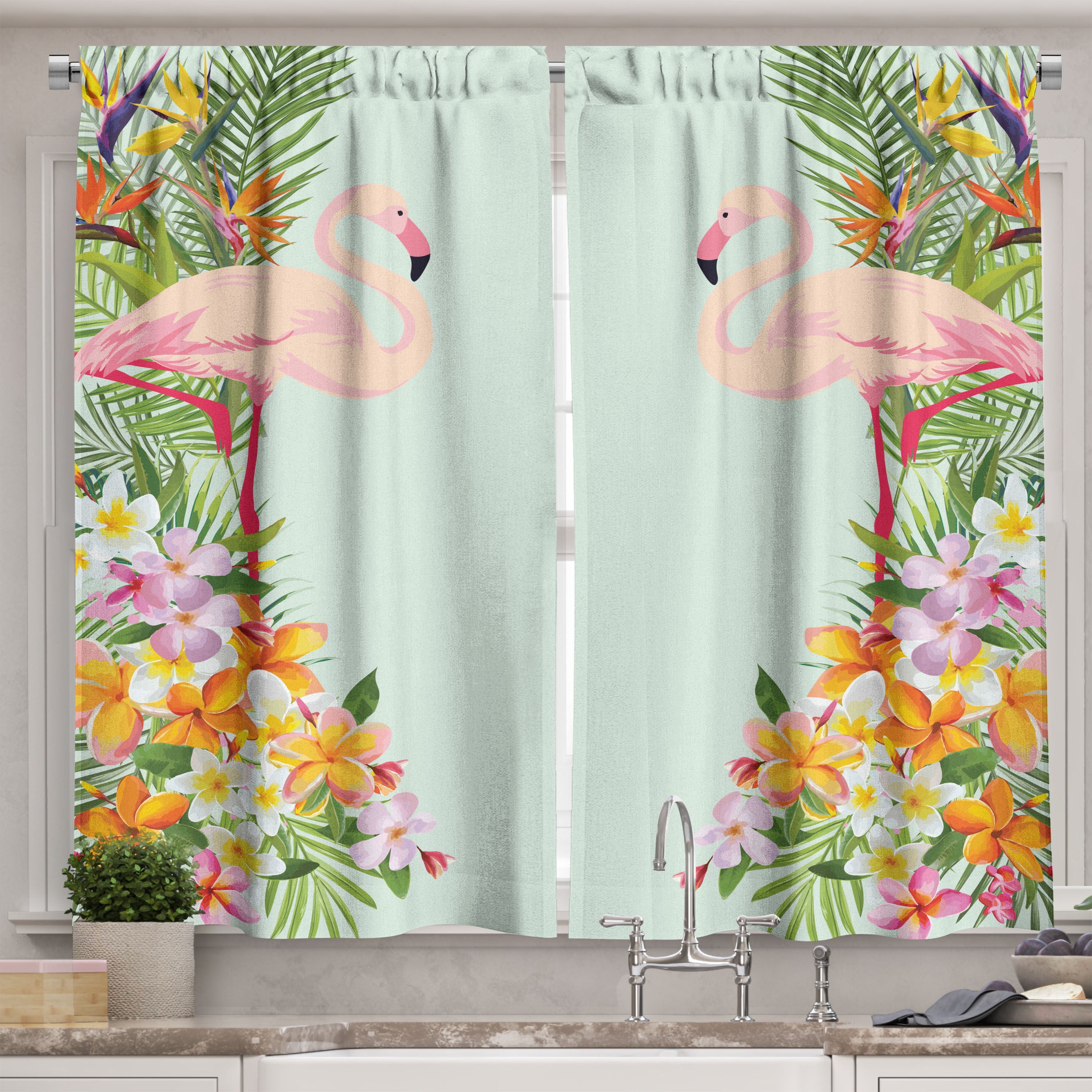 Ambesonne Flamingo Kitchen Curtains, Tropic Flowers Animals, 55"x39 ...