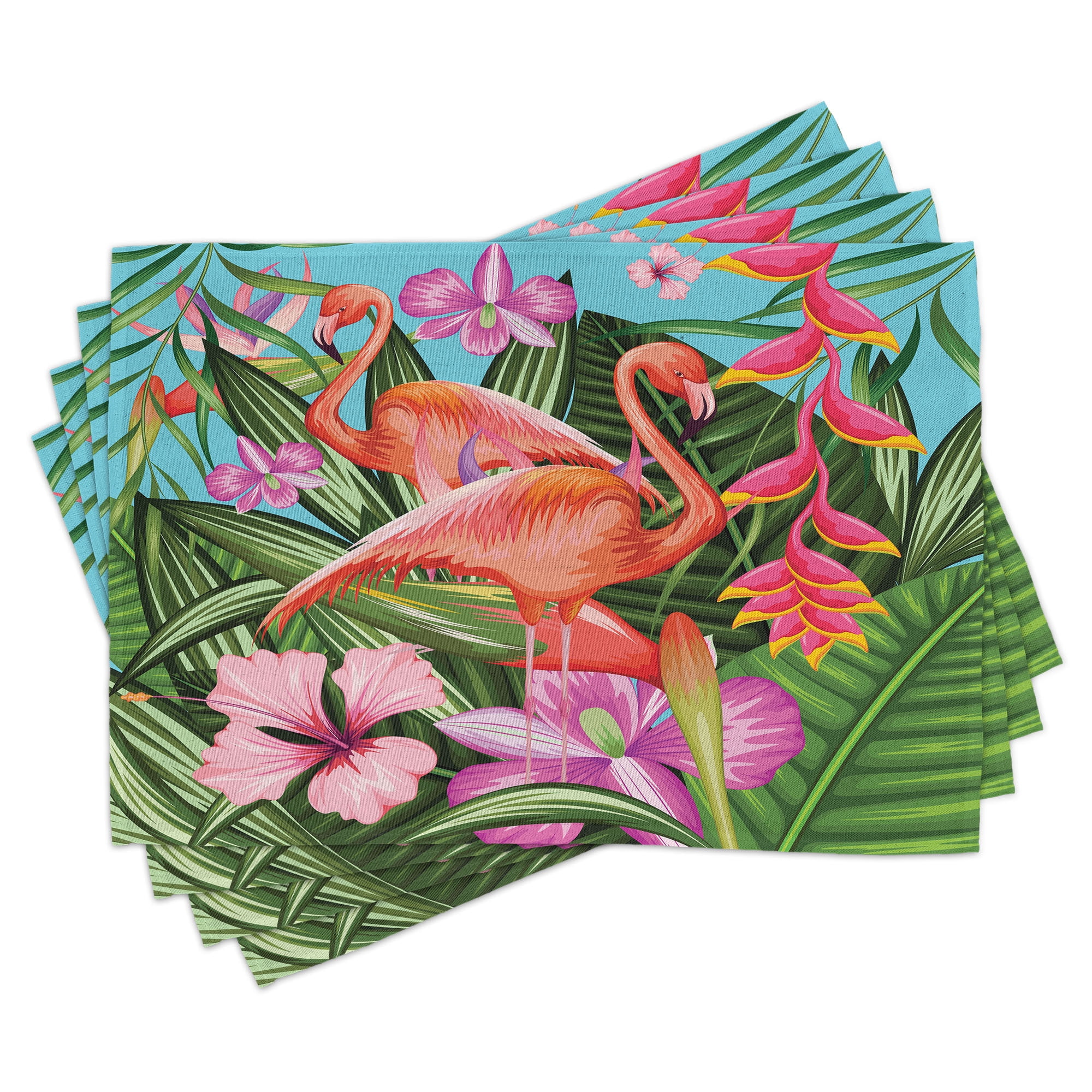 Ambesonne Flamingo Place Mats Set of 4, Hibiscus Tropic Flower ...