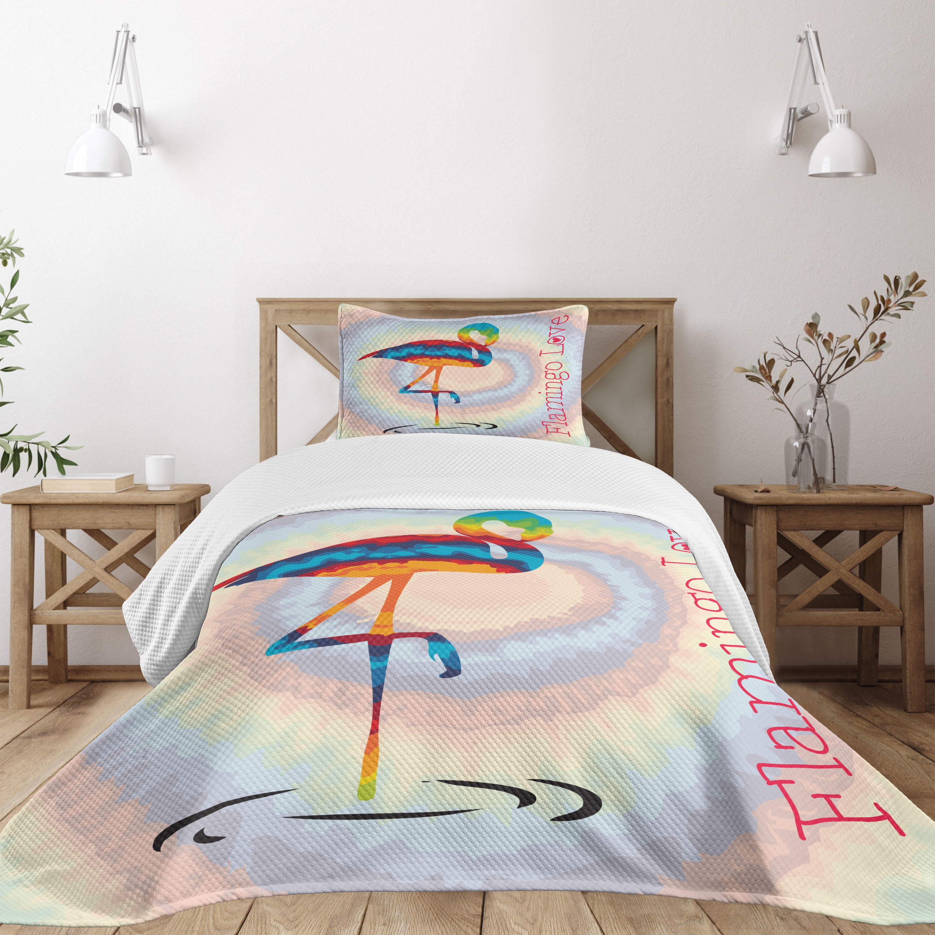 Ambesonne Flamingo Quilted Bedspread Set 2 Pcs, Rainbow Colored Birds ...