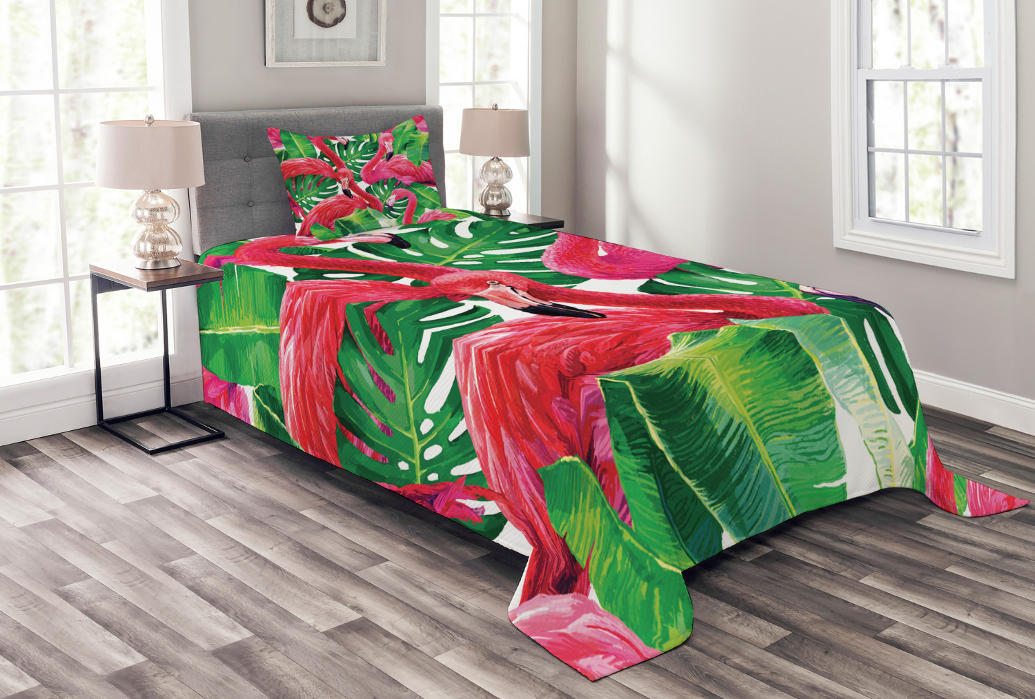 Ambesonne Flamingo Quilted Bedspread Set 2 Pcs, Retro Exotic Leaves ...